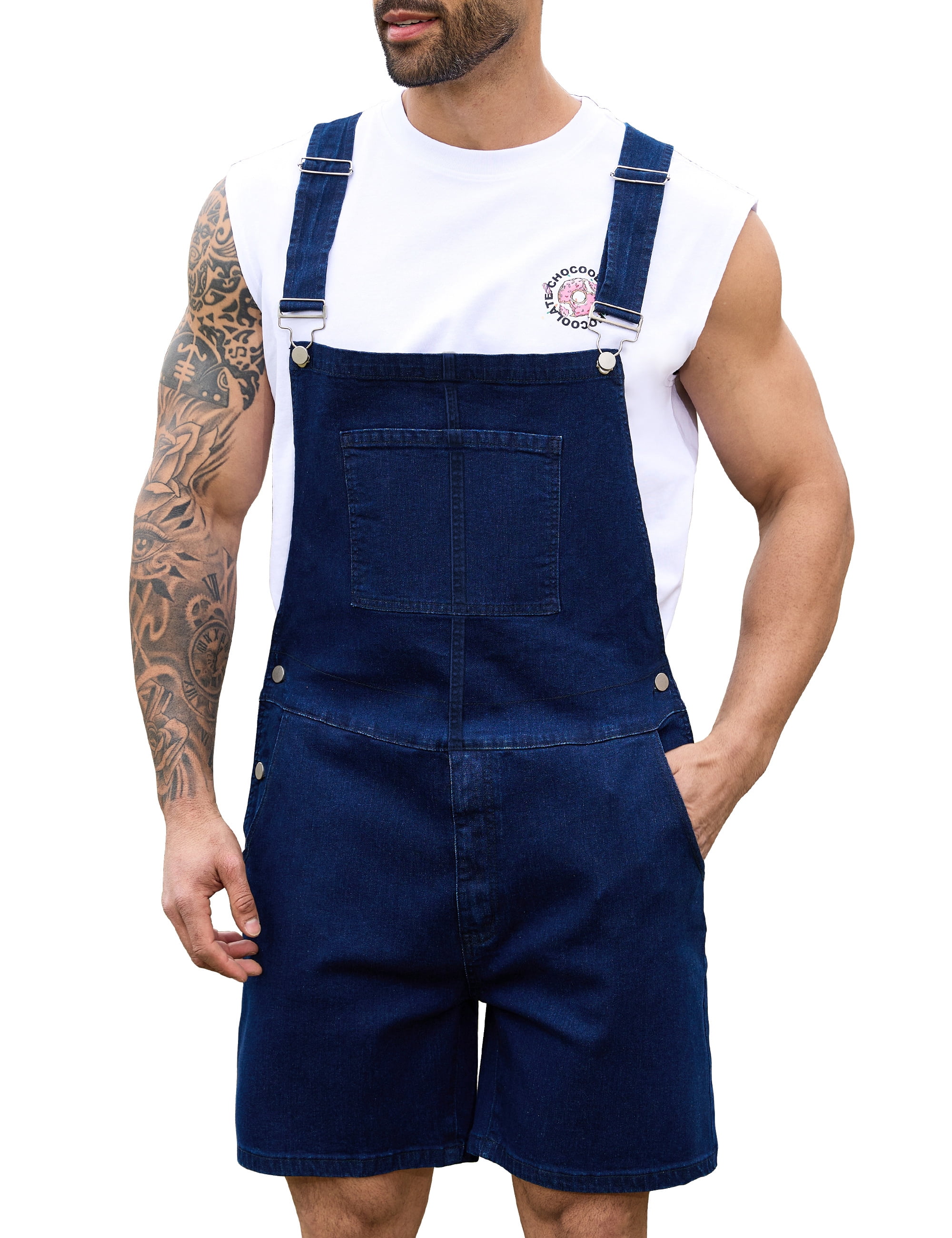 Denim Overalls for Men Jean Shorts Jumpsuit Work Bibs Coveralls with ...