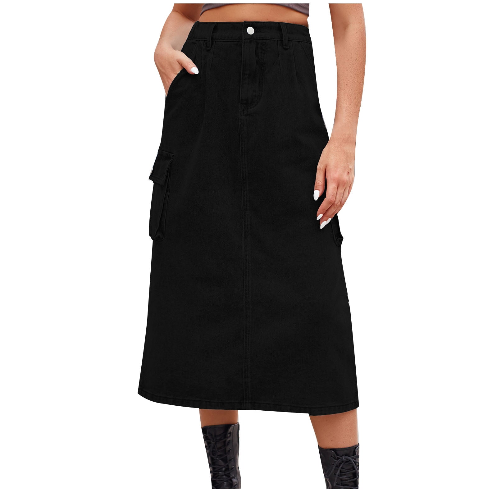 Denim Panelled Midi Skirt for Women Ladies Everyday Comfy Soft Vacation ...