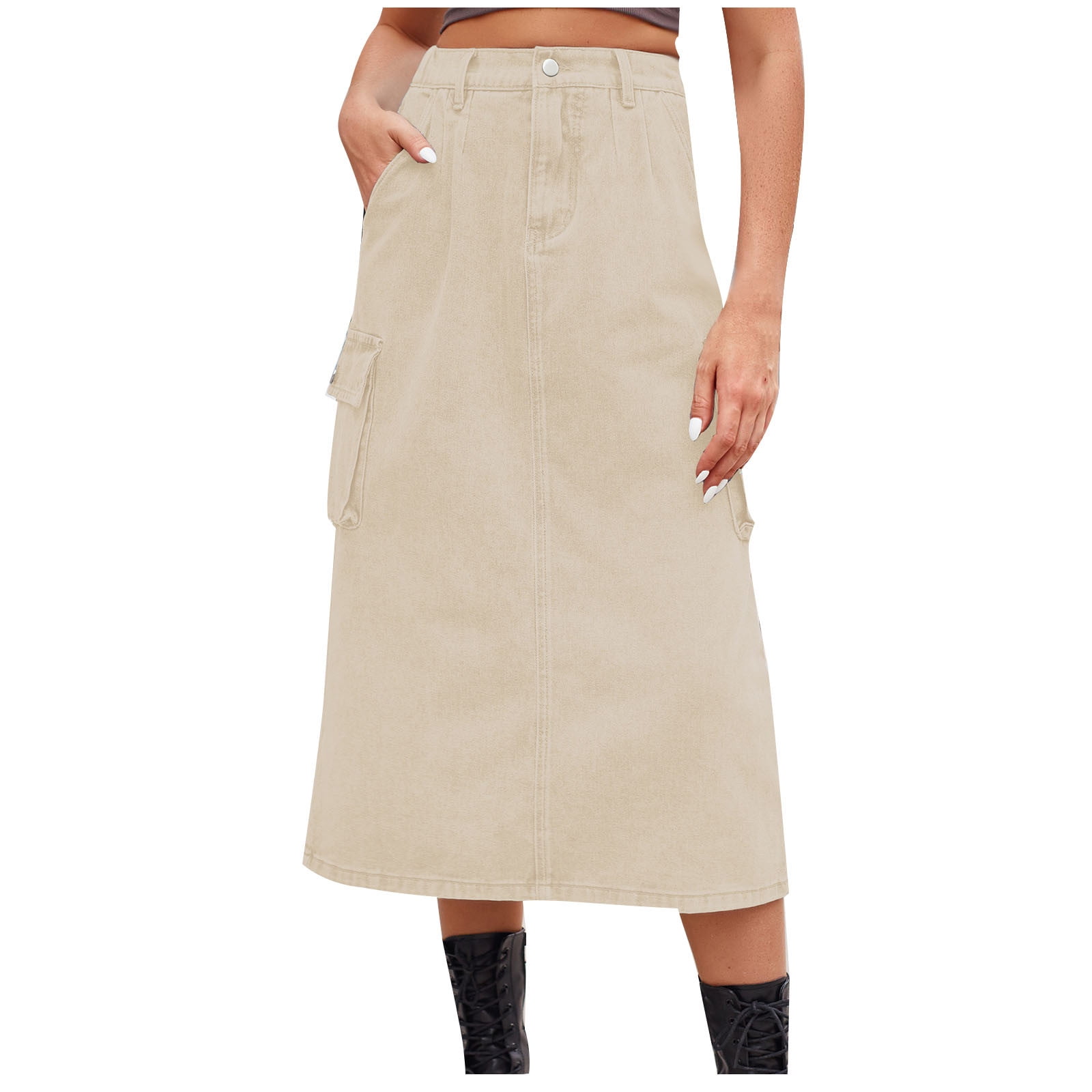 Denim Panelled Midi Skirt for Women Ladies Everyday Comfy Soft Vacation ...