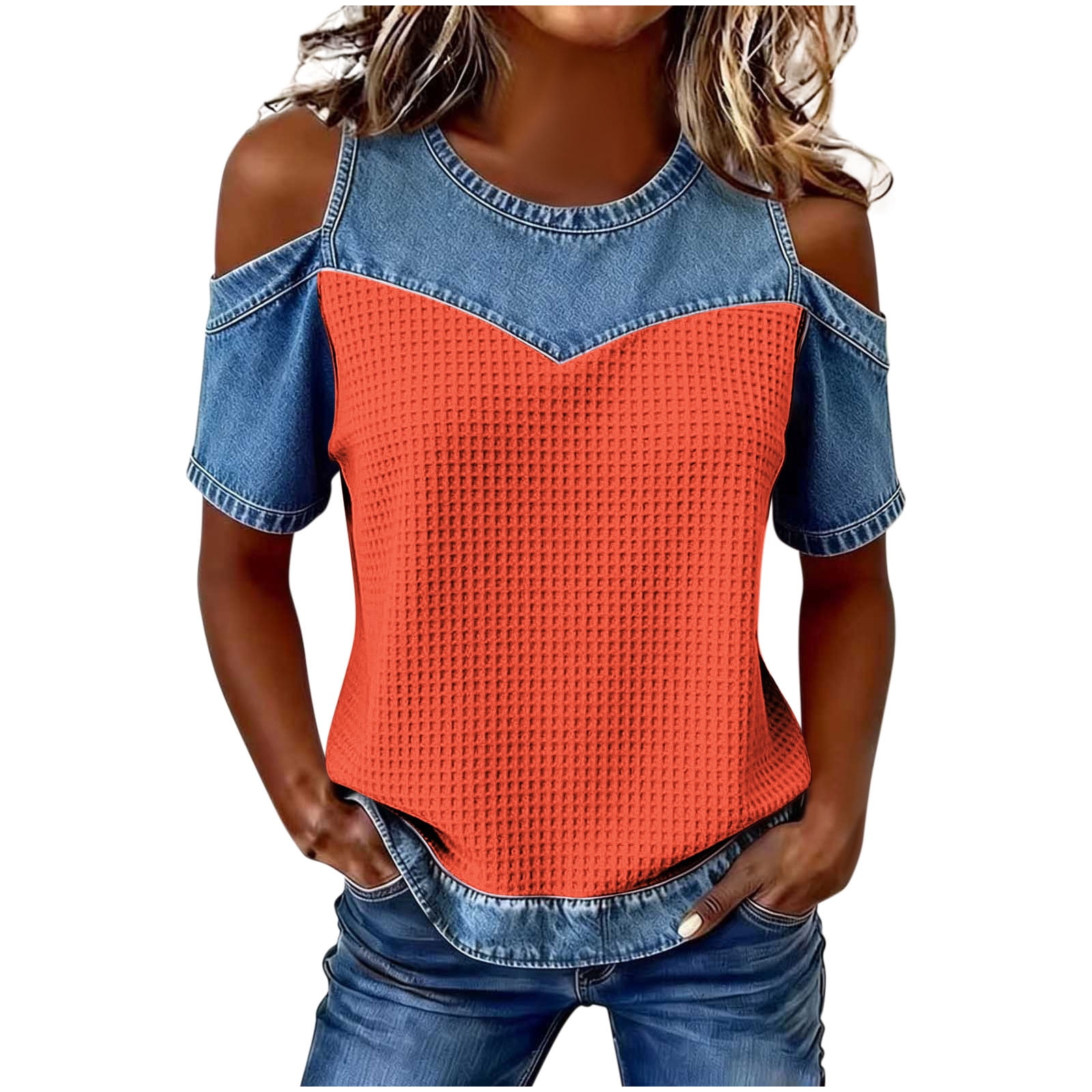 Denim Patchwork Cold Shoulder Tops for Women Summer Loose Crew Neck ...