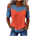 Denim Patchwork Cold Shoulder Tops for Women Summer Loose Crew Neck ...