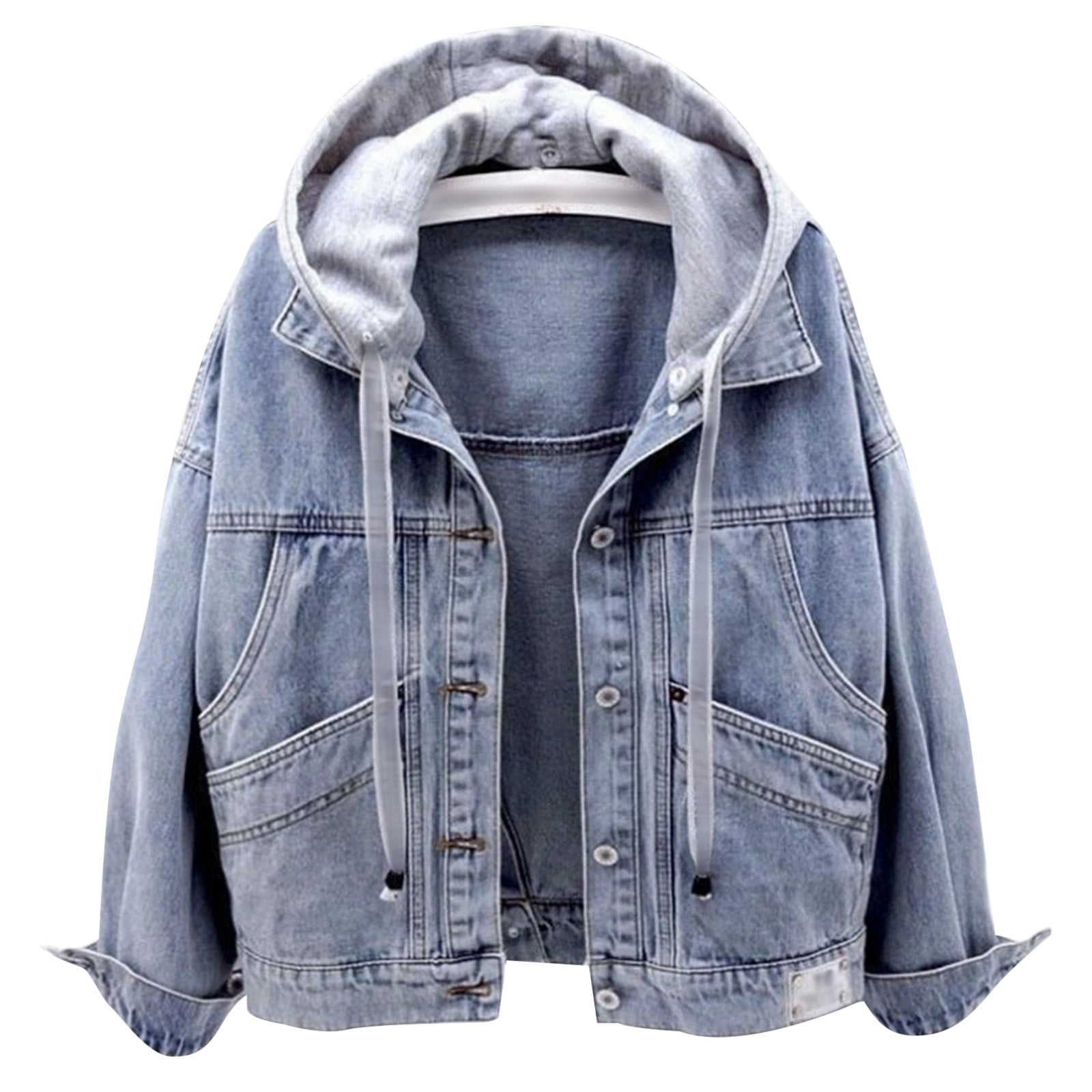 Denim Patchwork Hoodie Jackets Fashion Long Sleeve Drawstring Button Up ...