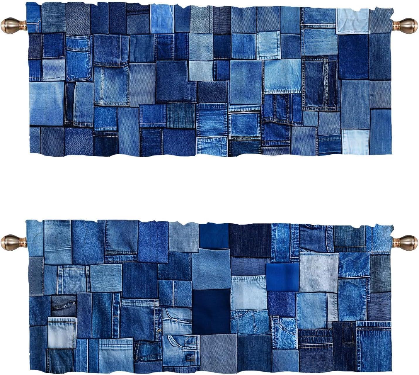 Denim Patchwork Kitchen Curtain Valance 2 Pack Abstract Blue Textures ...