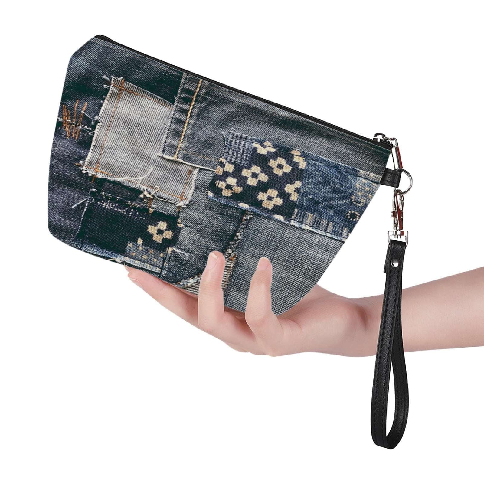 Denim Patchwork Leather Makeup Bag Small Travel Cosmetic Bag For Women ...