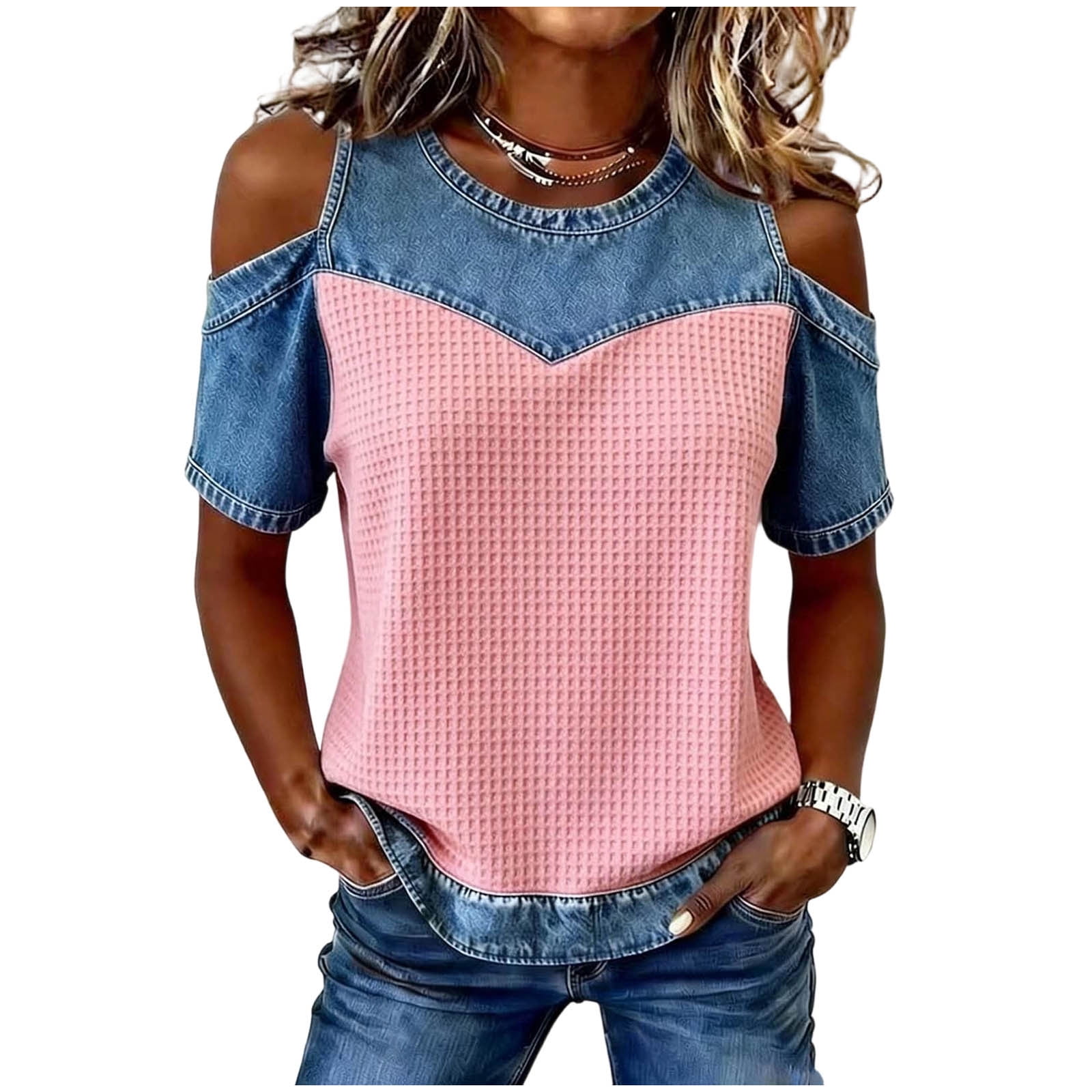 Denim Patchwork Summer Tops for Women Dressy Waffle Cold Shoulder ...