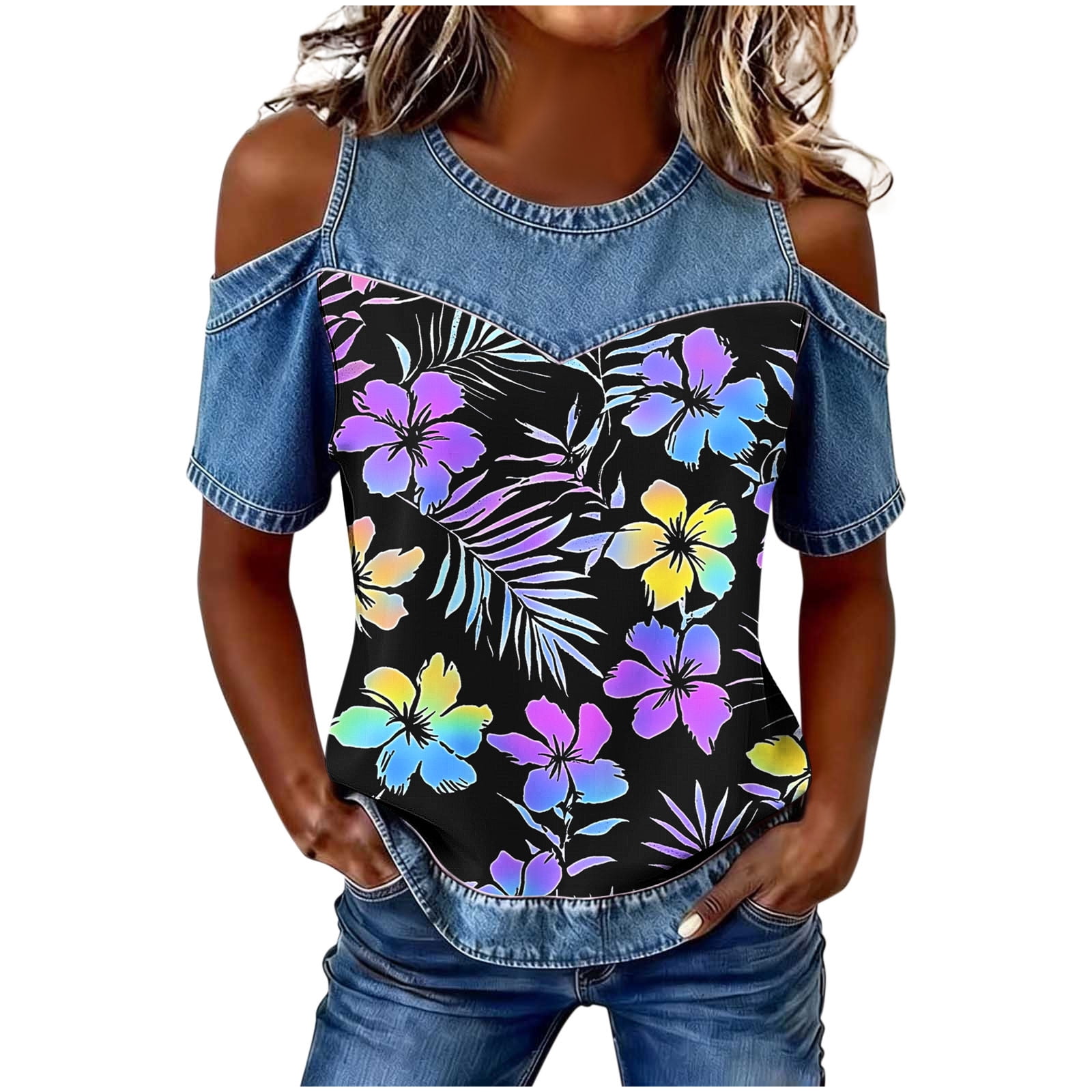 Denim Patchwork Summer Tops for Women Floral Print Dressy Cold Shoulder ...
