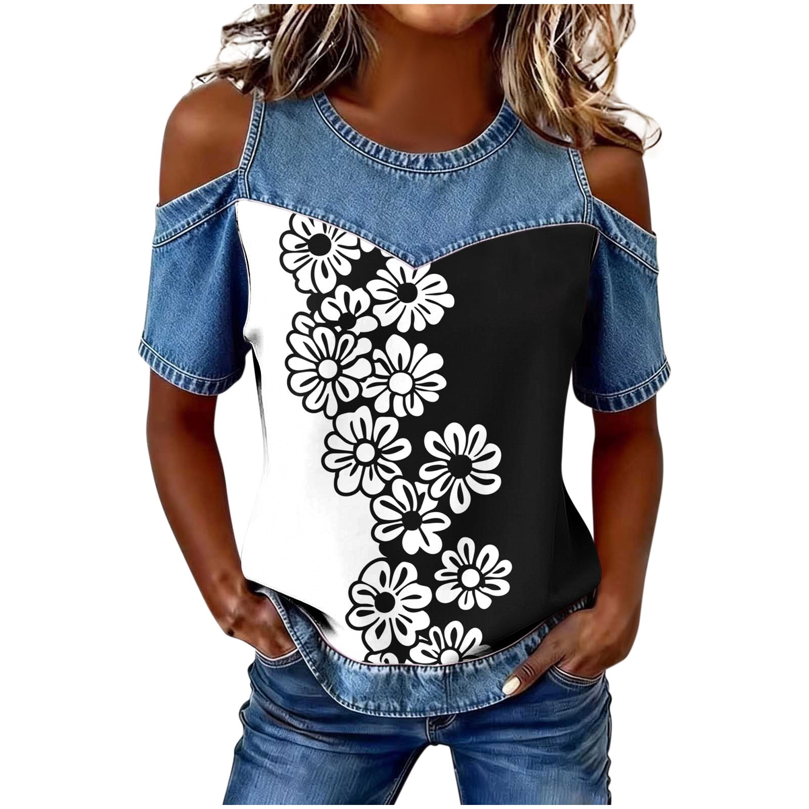 Denim Patchwork Summer Tops for Women Floral Print Dressy Cold Shoulder ...