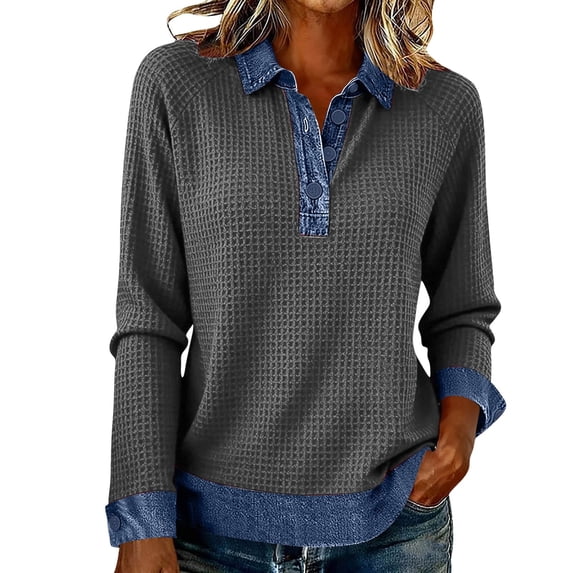 Denim Patchwork Sweater Denim Polo Pullover Tops Bussiness Denim Shirts ...