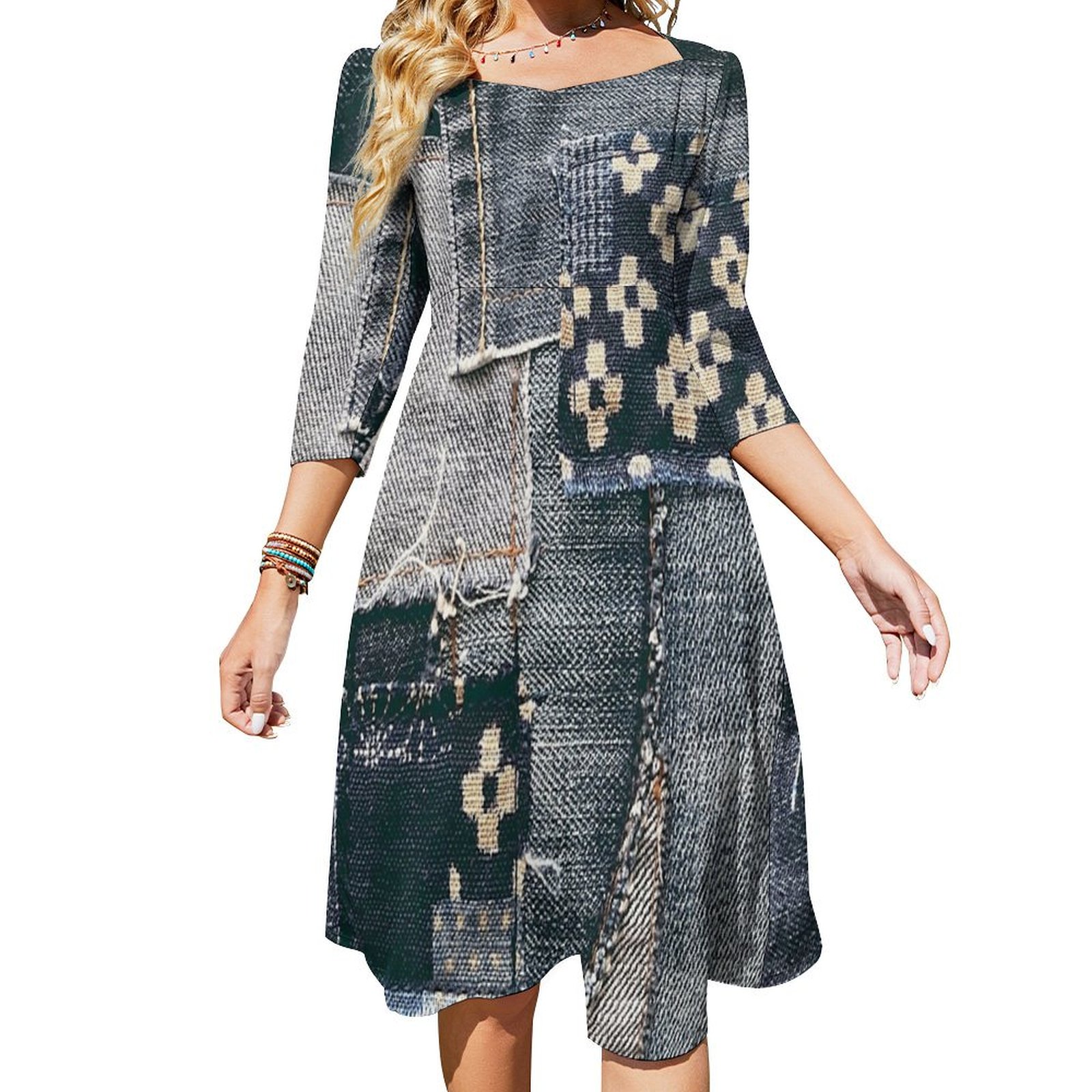 Denim Patchwork Sweetheart Knot Flared Dress Fashion Design Large Size ...