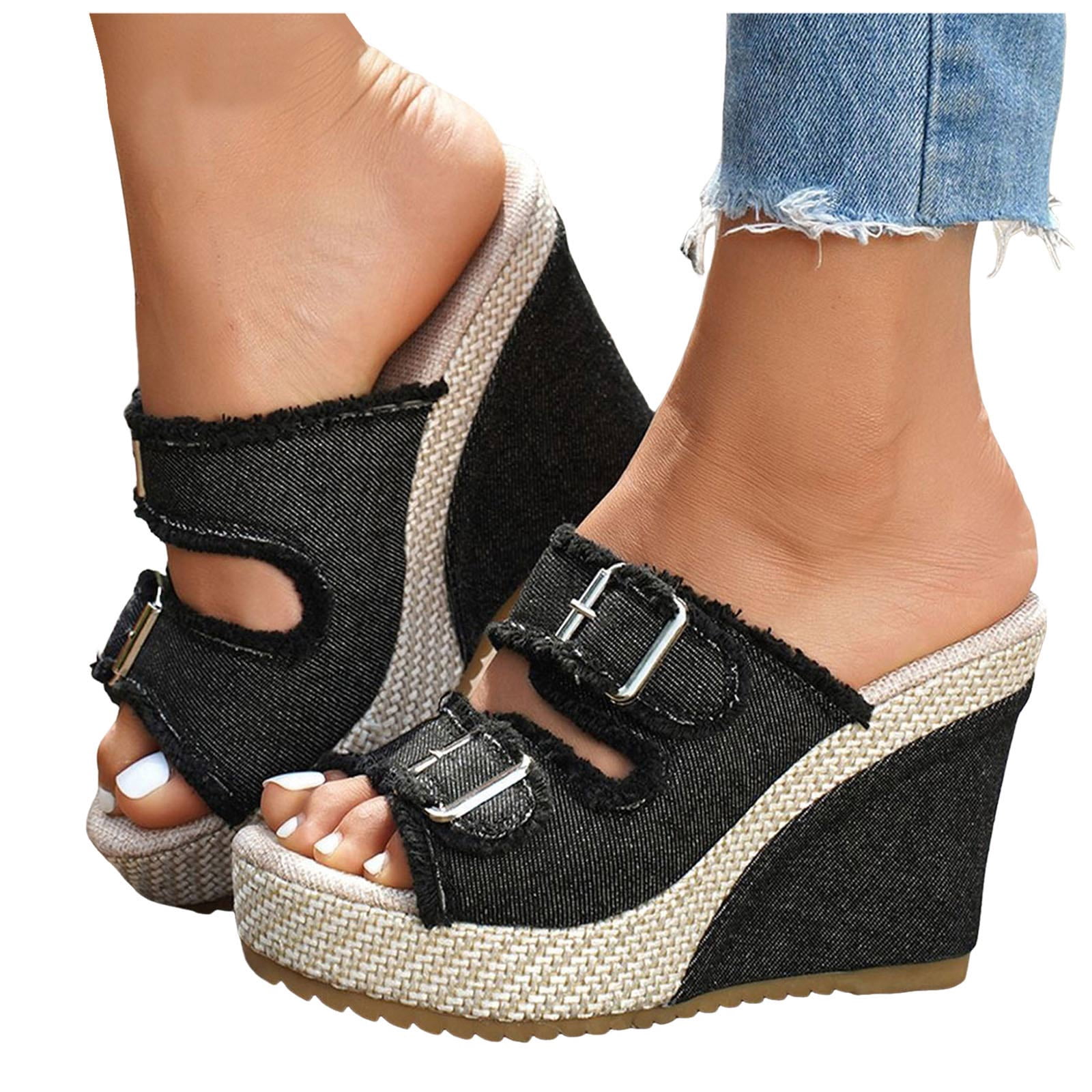 Denim Platform Sandals for Women Open Toe Double Buckle Band Wedges ...
