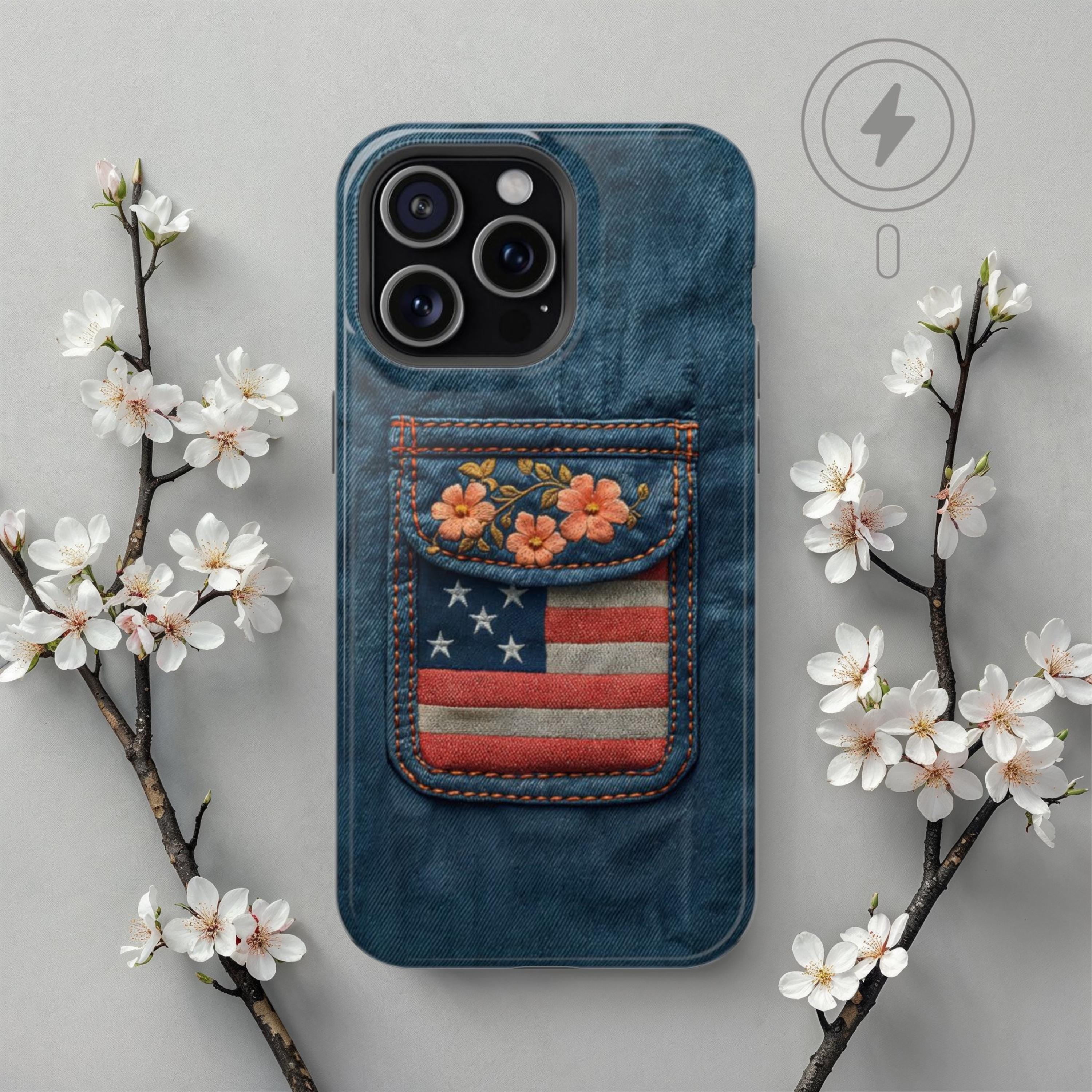 Denim Pocket American Embroidered Phone Case with iPhone 17 to 11 Pro ...