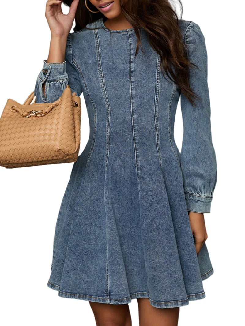 Denim Shirt Dress for Women Long Sleeve Crew Neck Denim Dresses Fall ...