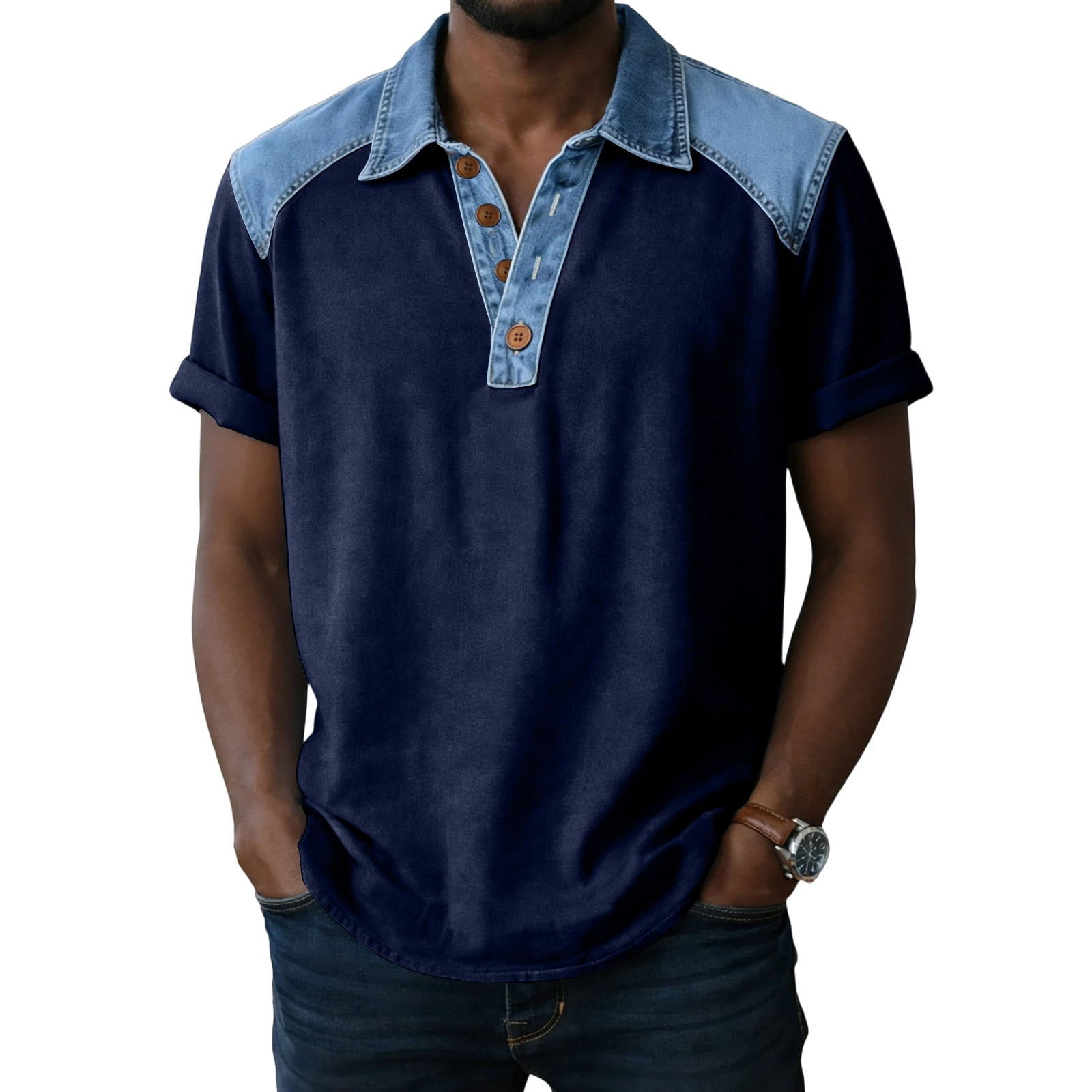 Denim Shirts for Men Button Up V Neck Lapel Collar Casual Short Sleeve ...