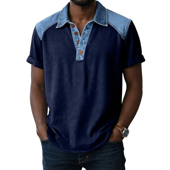 Denim Shirts for Men Button Up V Neck Lapel Collar Casual Short Sleeve ...