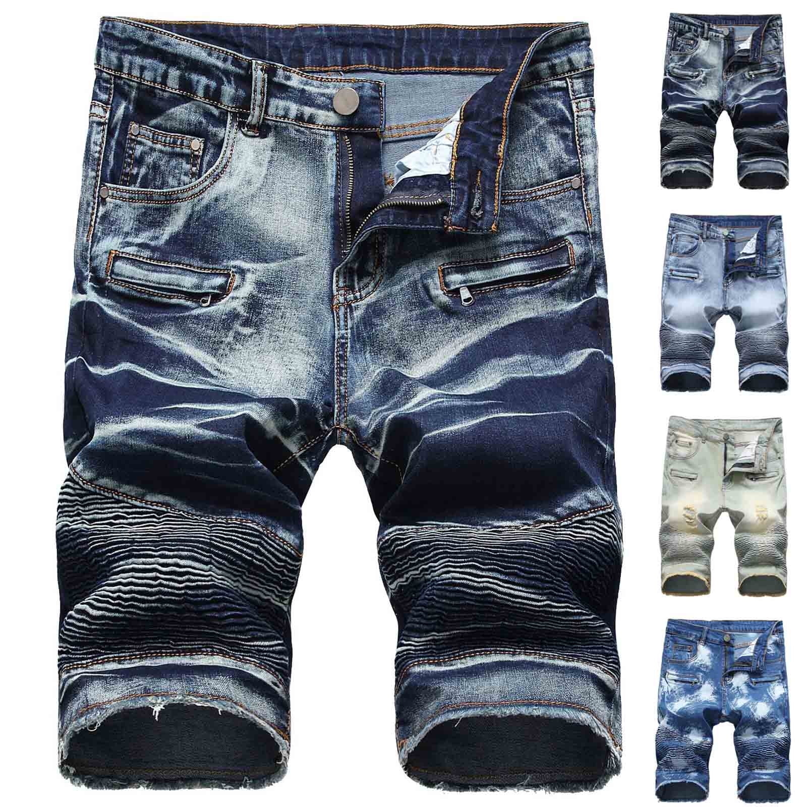 Denim Shorts Men Ripped Trunks Stretchy Washed Jeans Trunks Cut-Off ...