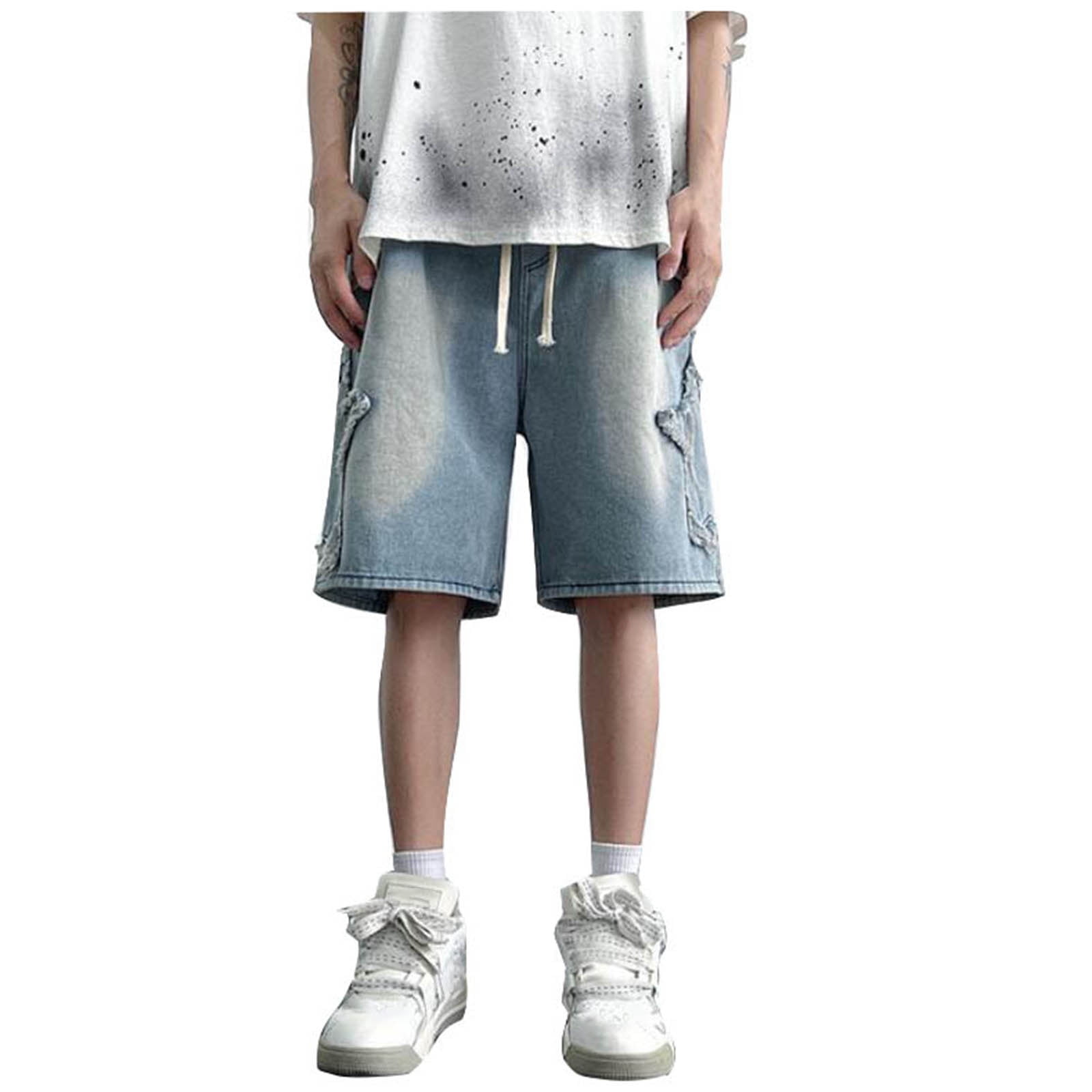 Denim Shorts Men Summer Hip Hop Everything Pull Rope Straight Leg Five ...