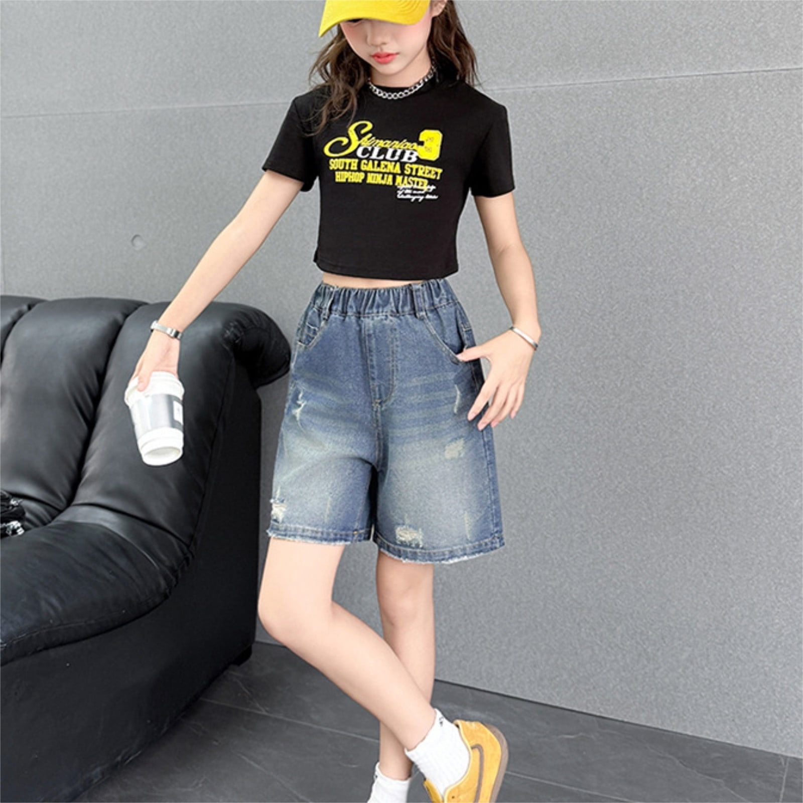 Denim Shorts for Girls Ripped High Waist Straight Leg Cartwheel Girl ...