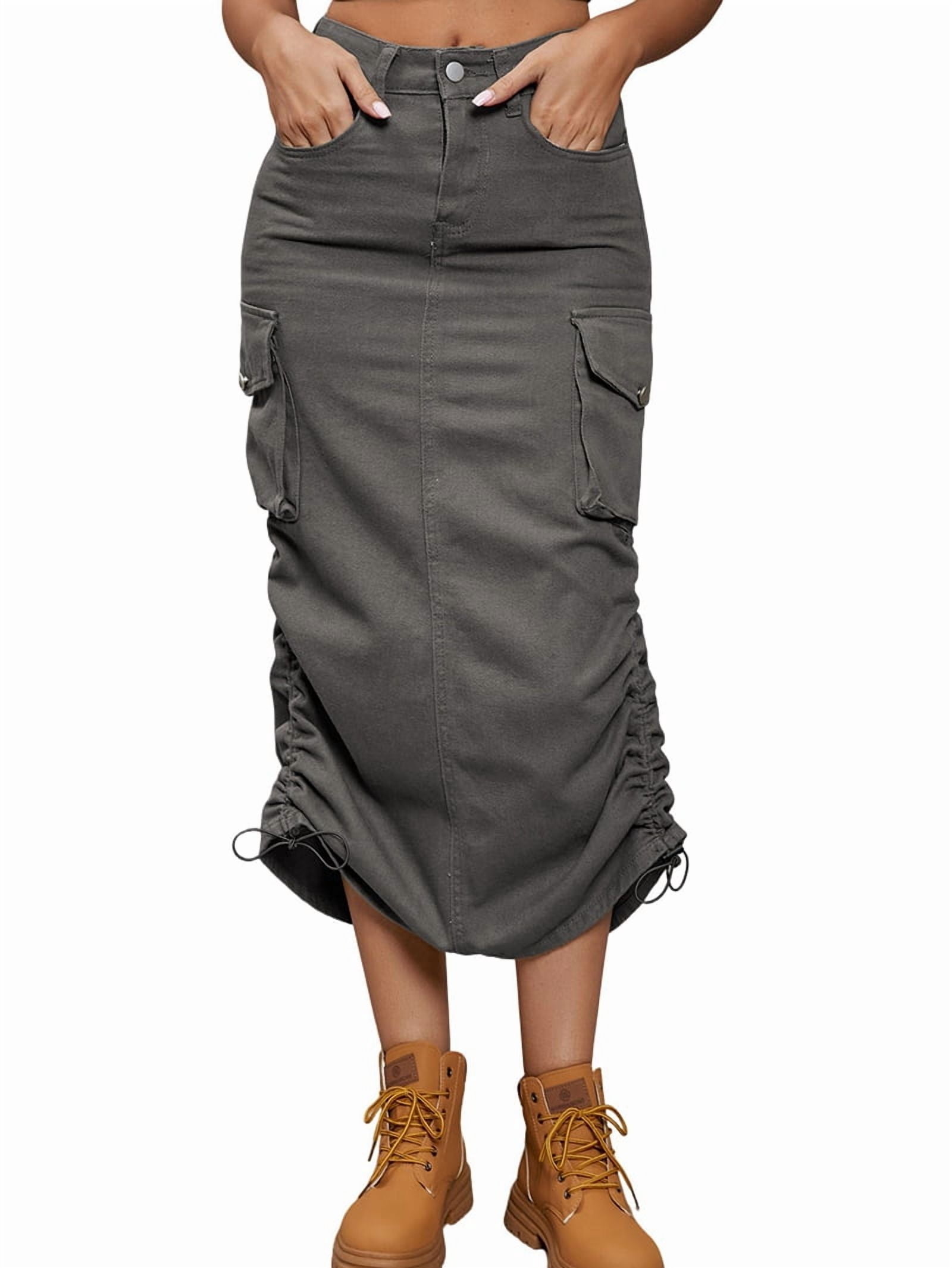Denim Skirt Below Knee Length High Waisted Jean Skirts for Women Dark ...