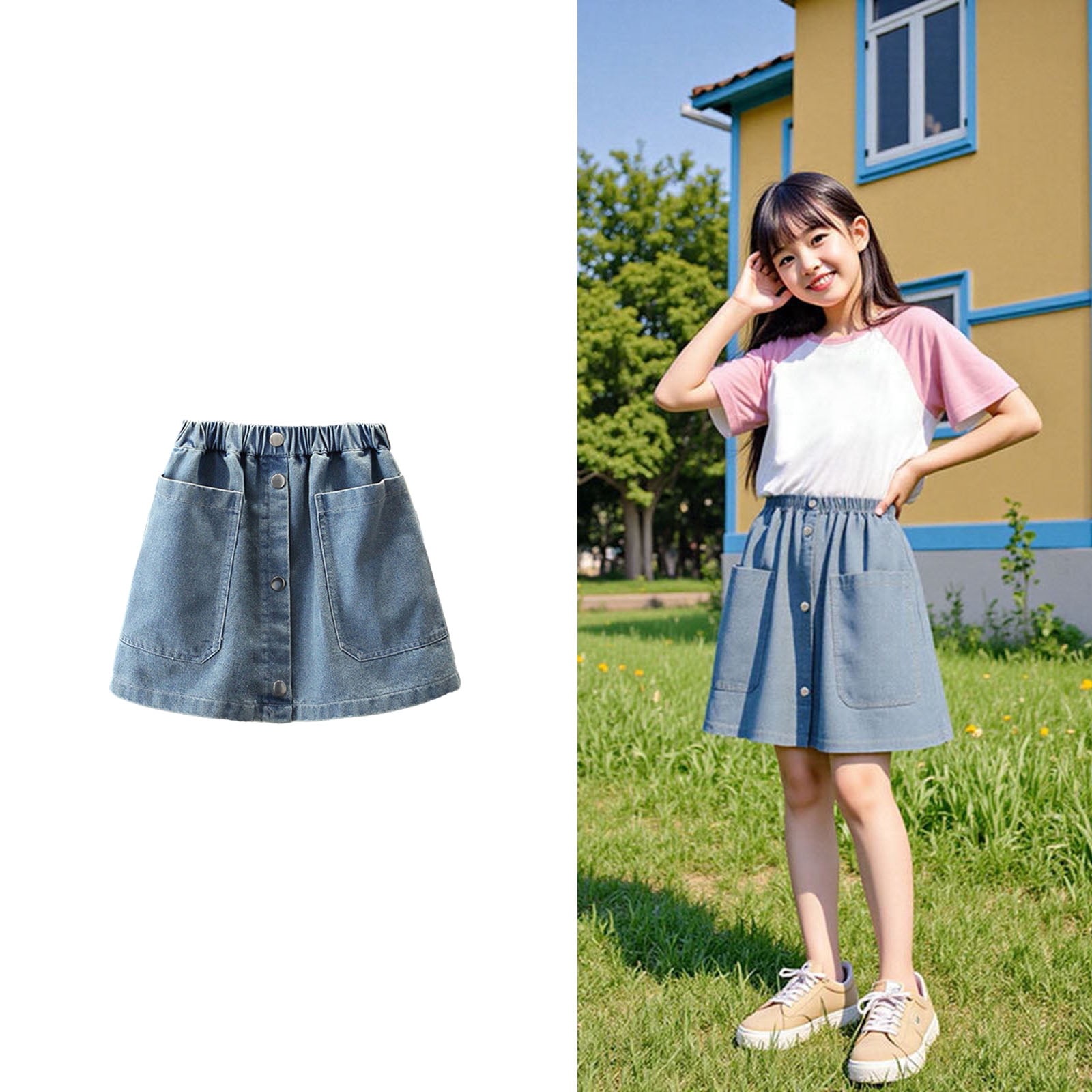 Denim Skirt Girls Elastic Waist Denim Mini Skirt Cute Jean Skirt Girls ...