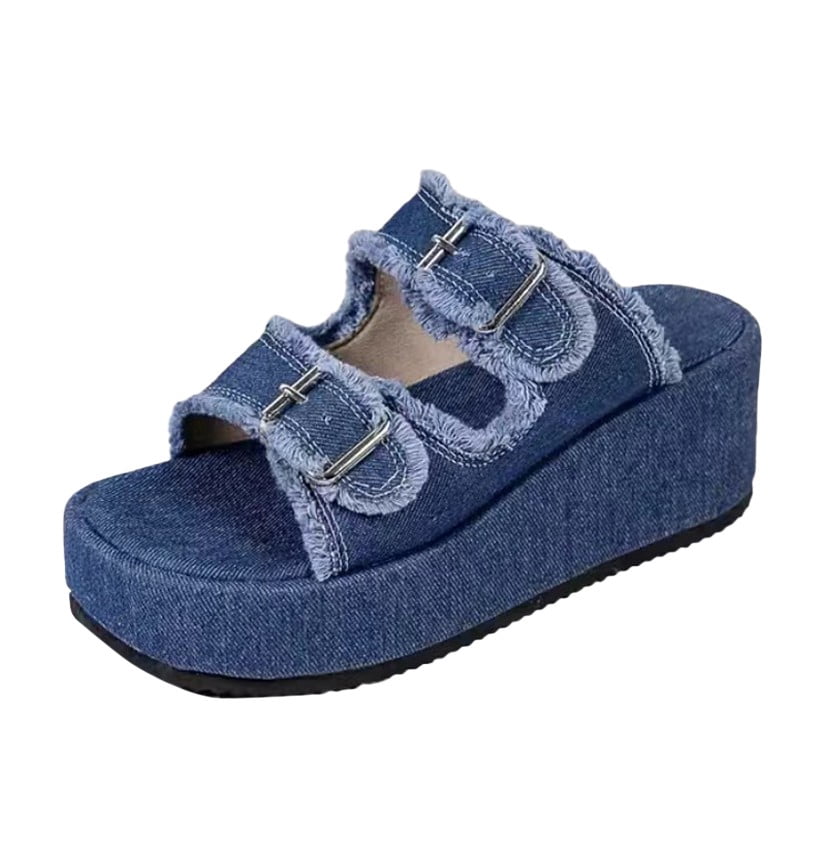 Denim Slide Sandals Women Platform Adjustable Double Buckle Arch ...