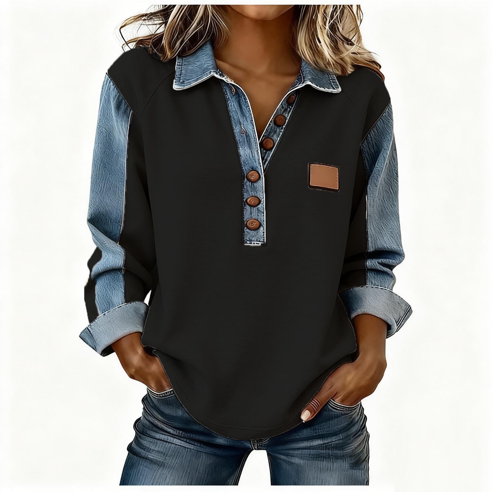 Denim Spliced Tops for Womens Trendy Denim Stitching Collared Tops ...