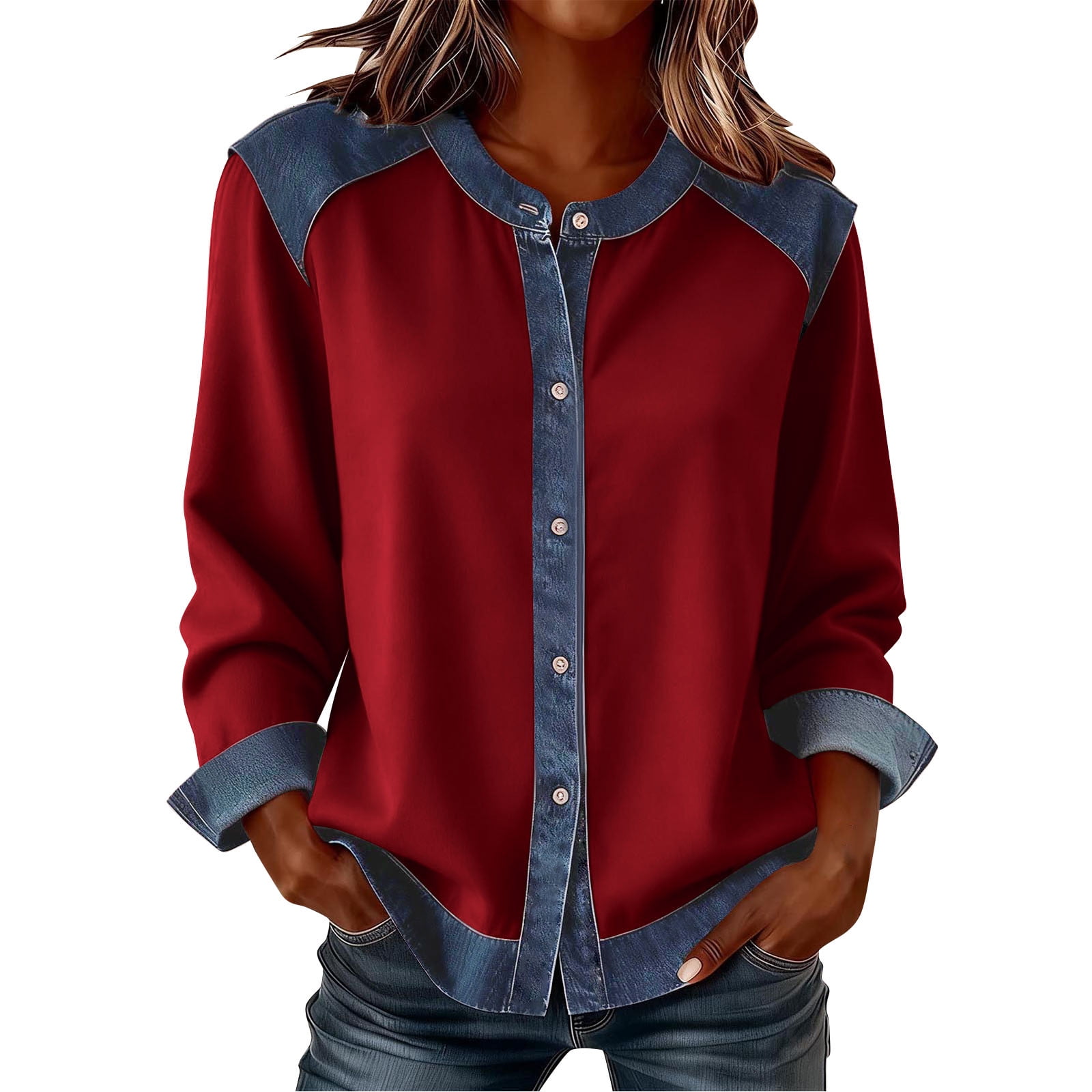 Denim Spliced Tops for Womens Trendy Denim Stitching Collared Tops ...