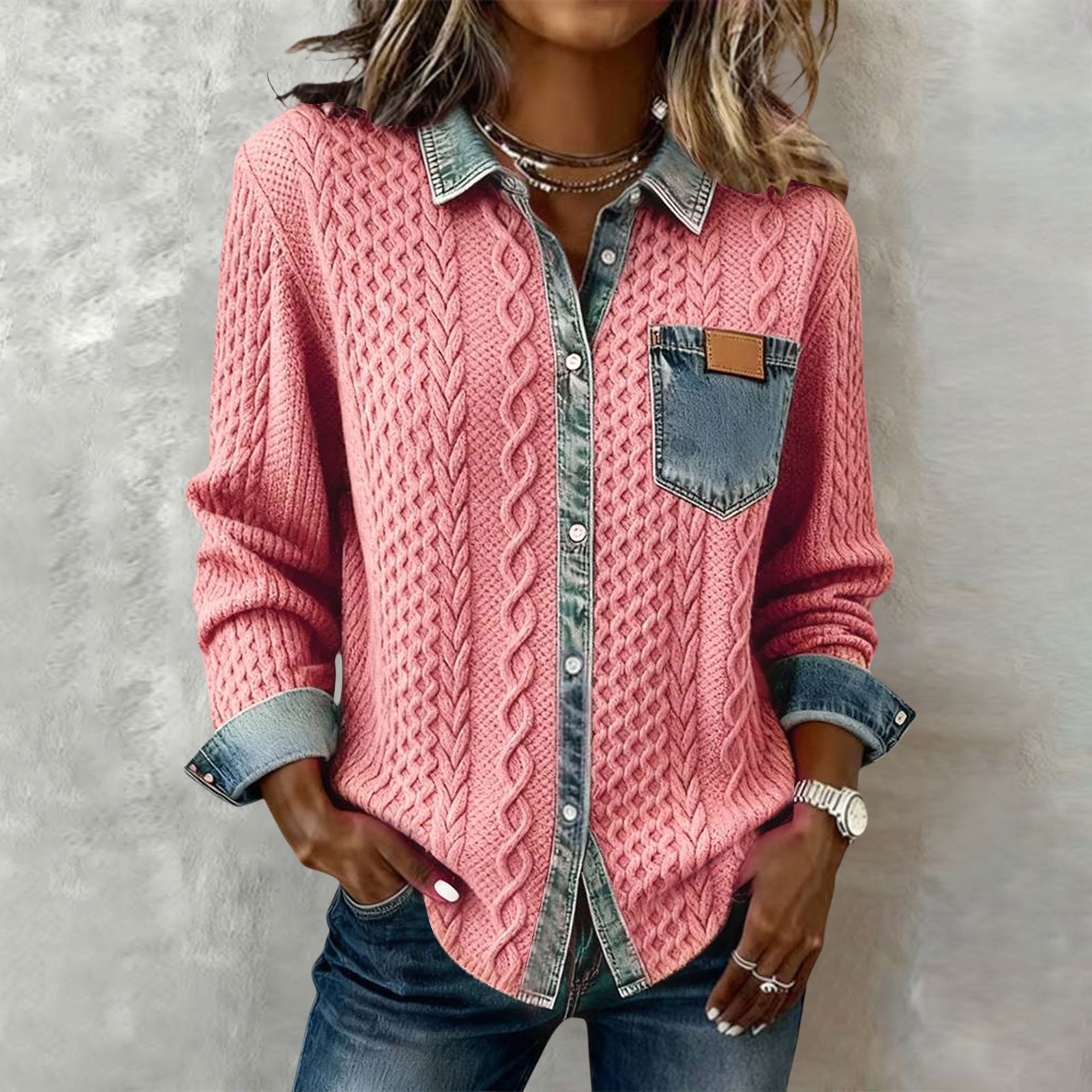 Denim Sweater For Women Collar Button Up Patchwork Denim Pullover Shirt ...