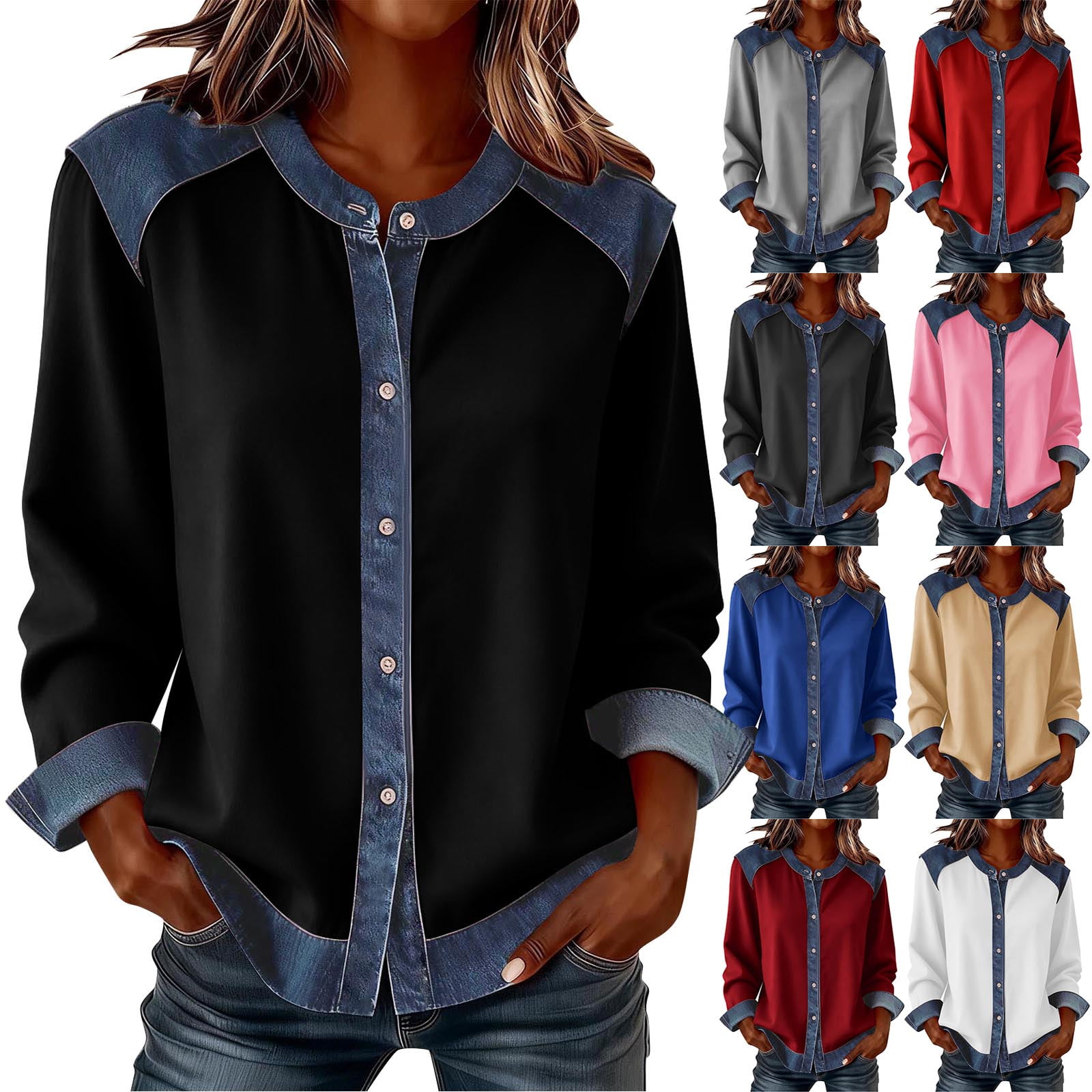 Denim Sweater for Women Collar Button up Patchwork Denim Pullover Tops ...