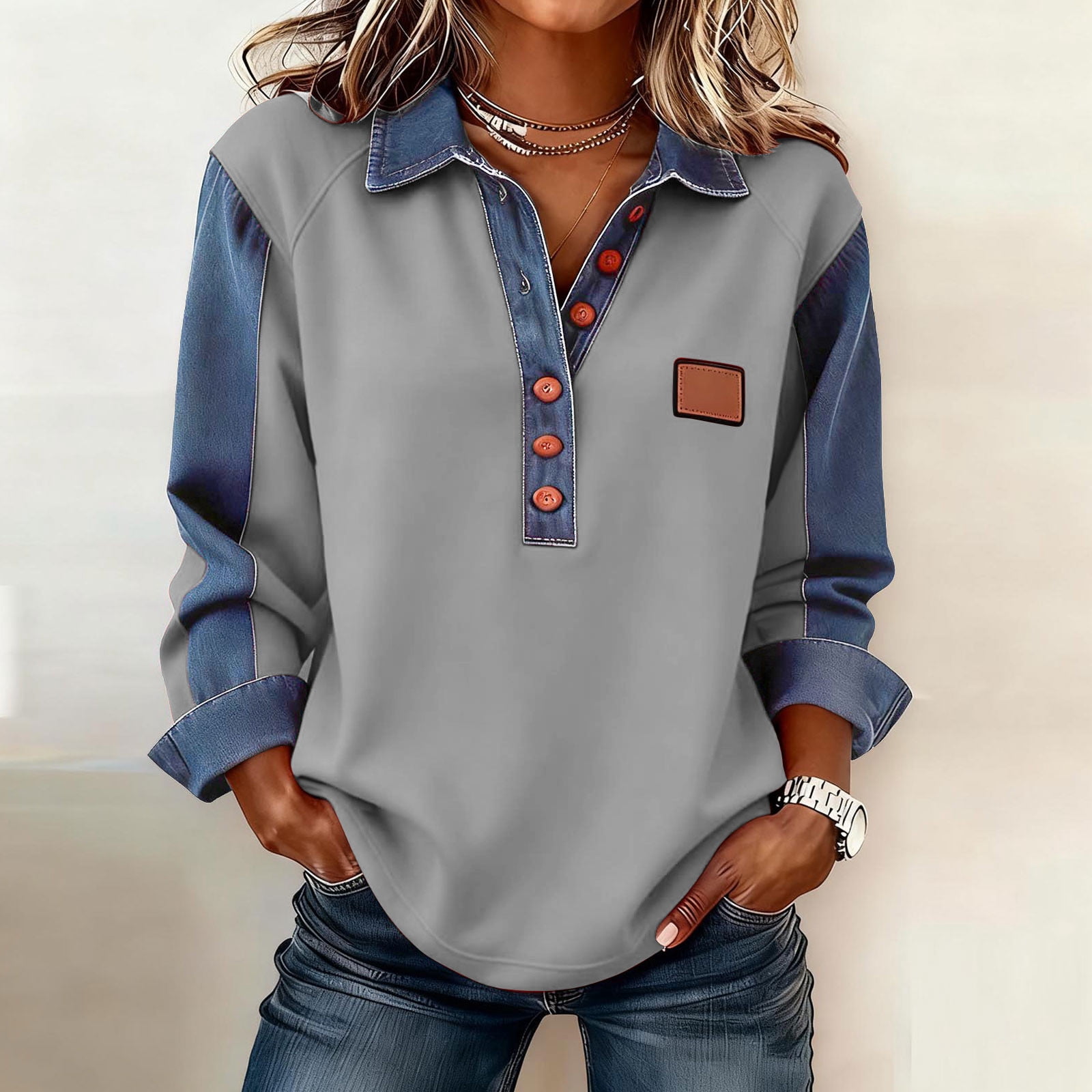 Denim Tops For Women Women's Denim Shirt Long Sleeve Collar Buttons ...