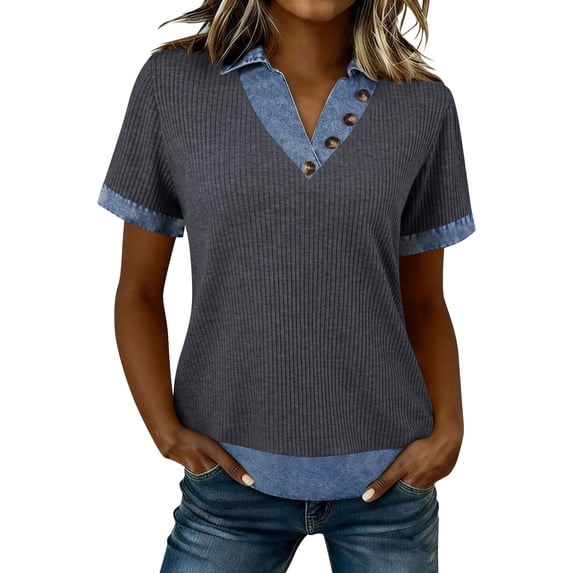 Denim Tops for Women Lapel Button Solid Color Casual Short Sleeved ...