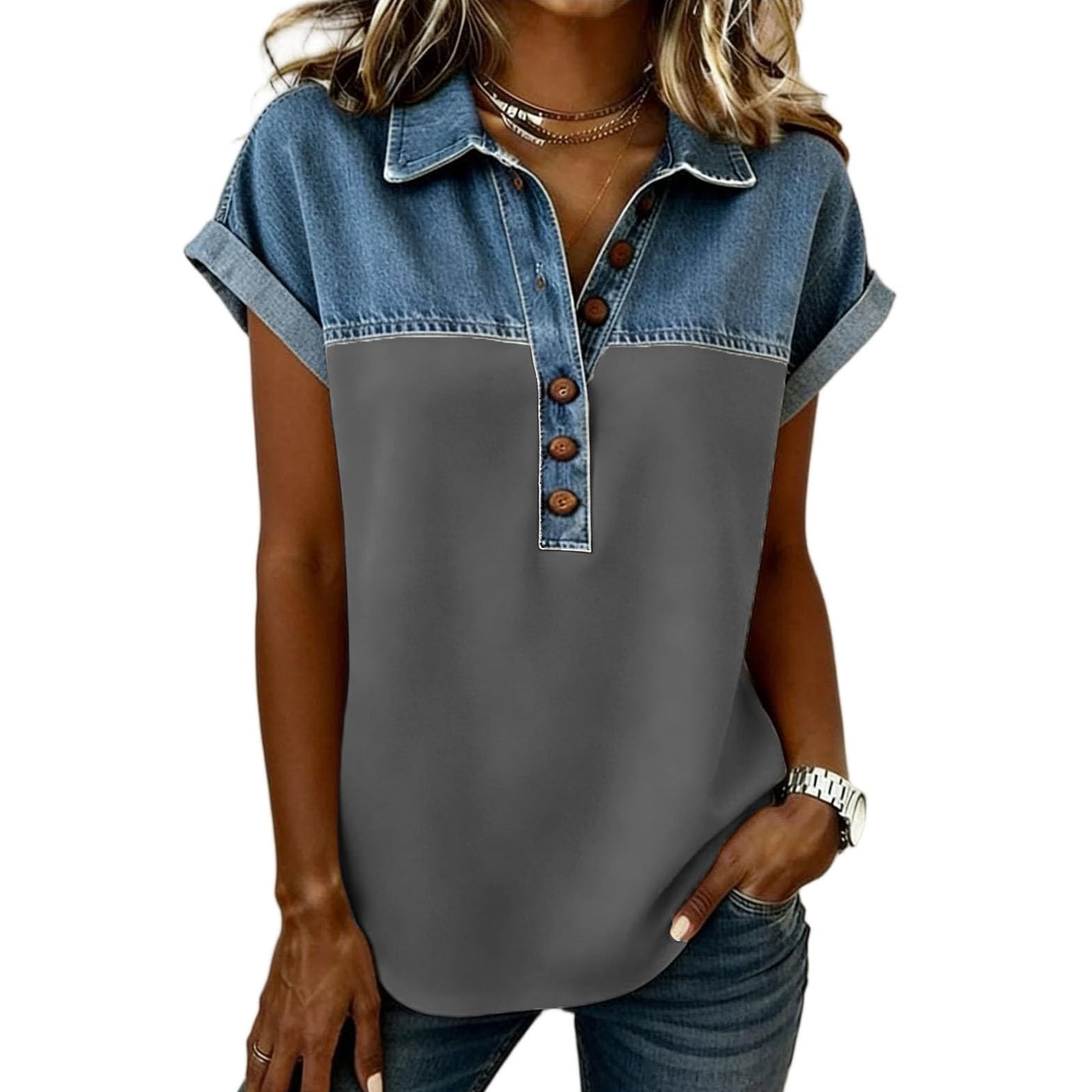 Denim Tops for Women Lapel Patchwork Button Up Sweatshirts with Denim ...