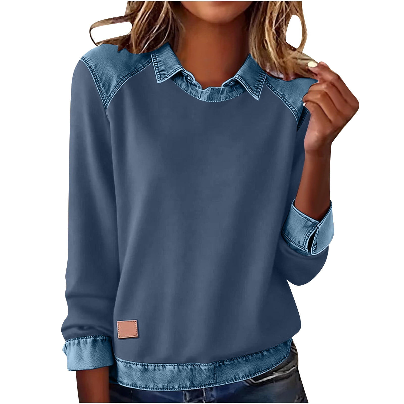 Denim Tops for Womens Solid Casual Long Sleeves Lapel Denim Pullover ...