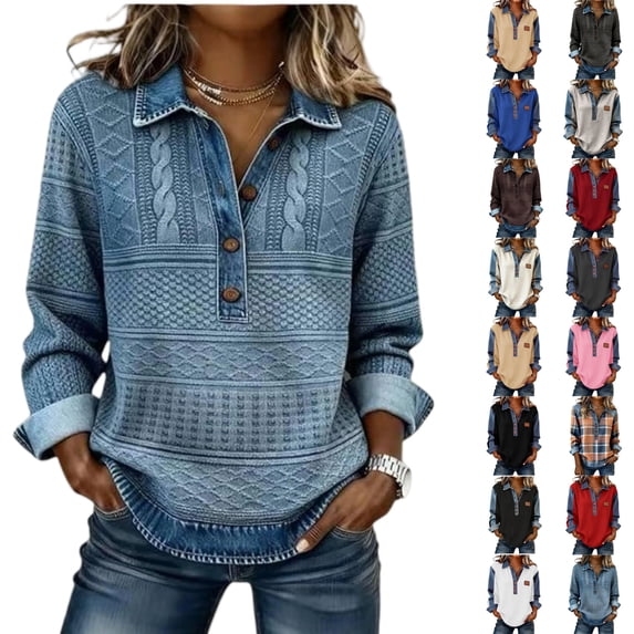 Denim Trim Collared Long Sleeve Waffle Knit Pullover Women's Vintage ...