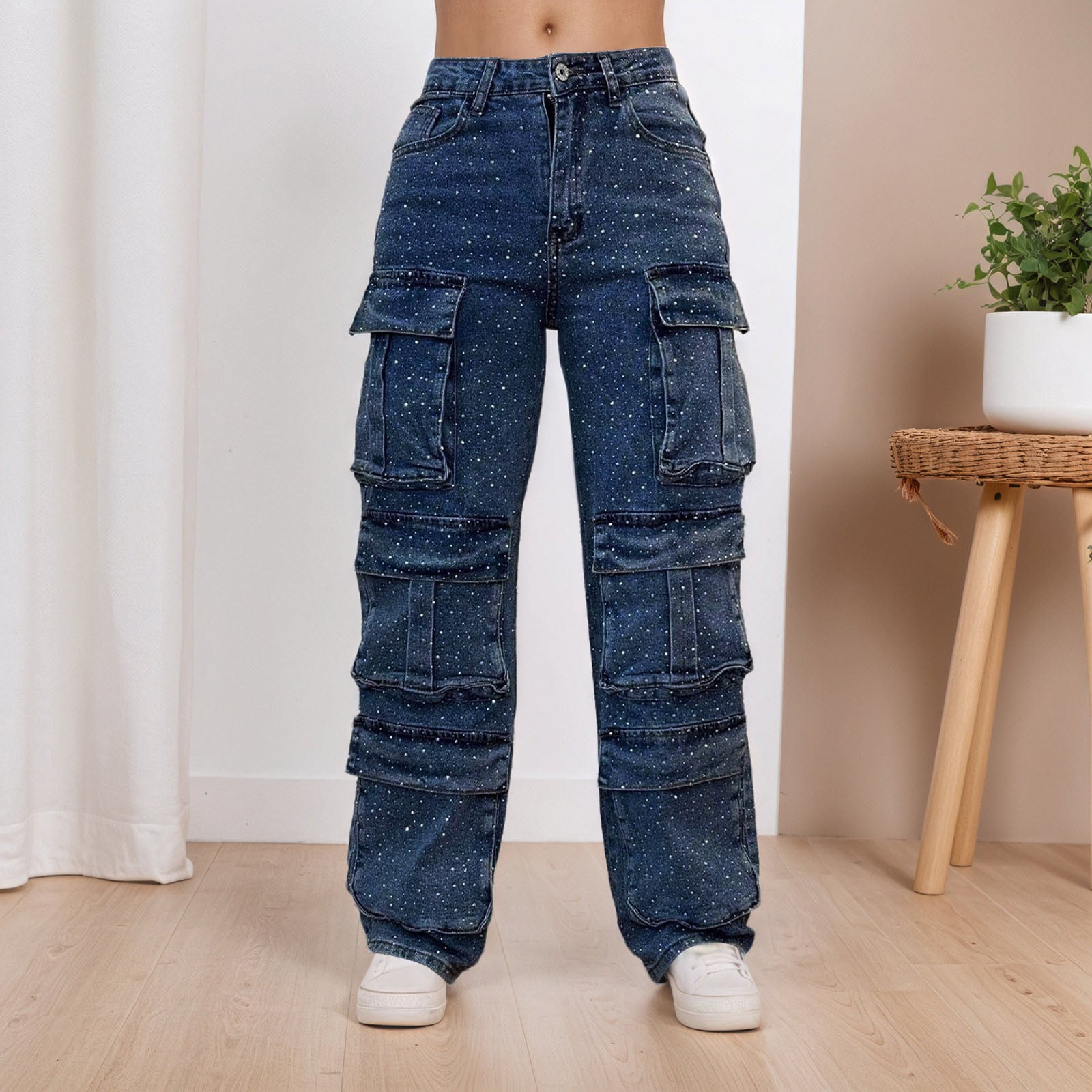 Denim Trousers for Women with Practical Pockets and Sparkling Diamante ...