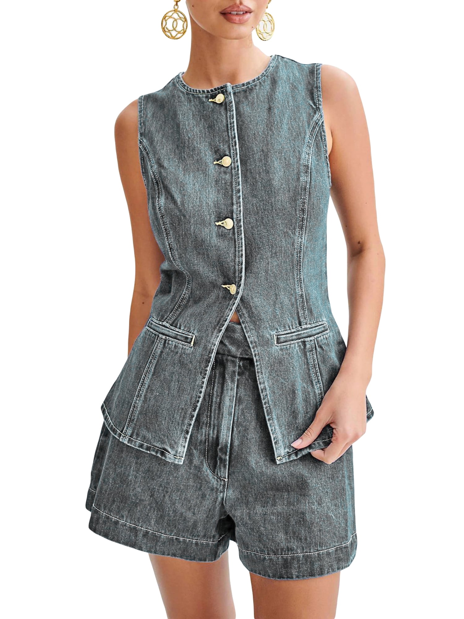Denim Two Piece Outfits for Women Sexy Business Sleeveless Jean Blazer ...