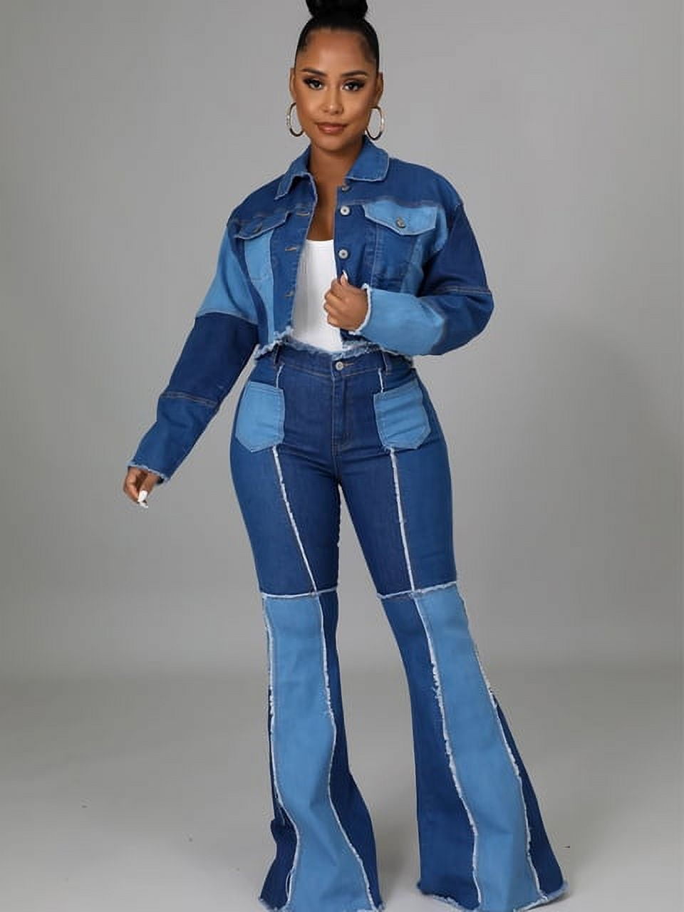 Denim Two Piece Pant Set Women Plus Size Patchwork Flare Pant and Short ...