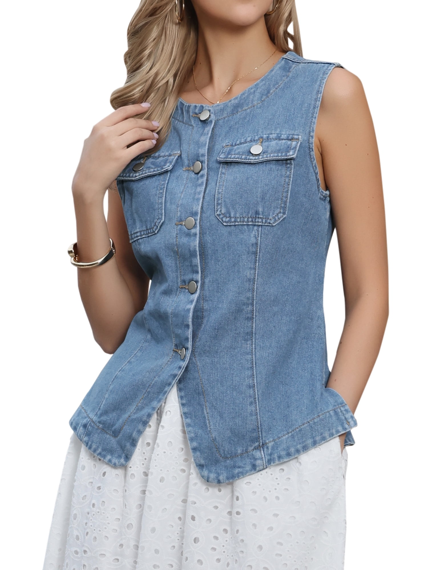 Denim Vest for Women Crew Neck Button Down Cropped Jean Vest Top L Blue ...