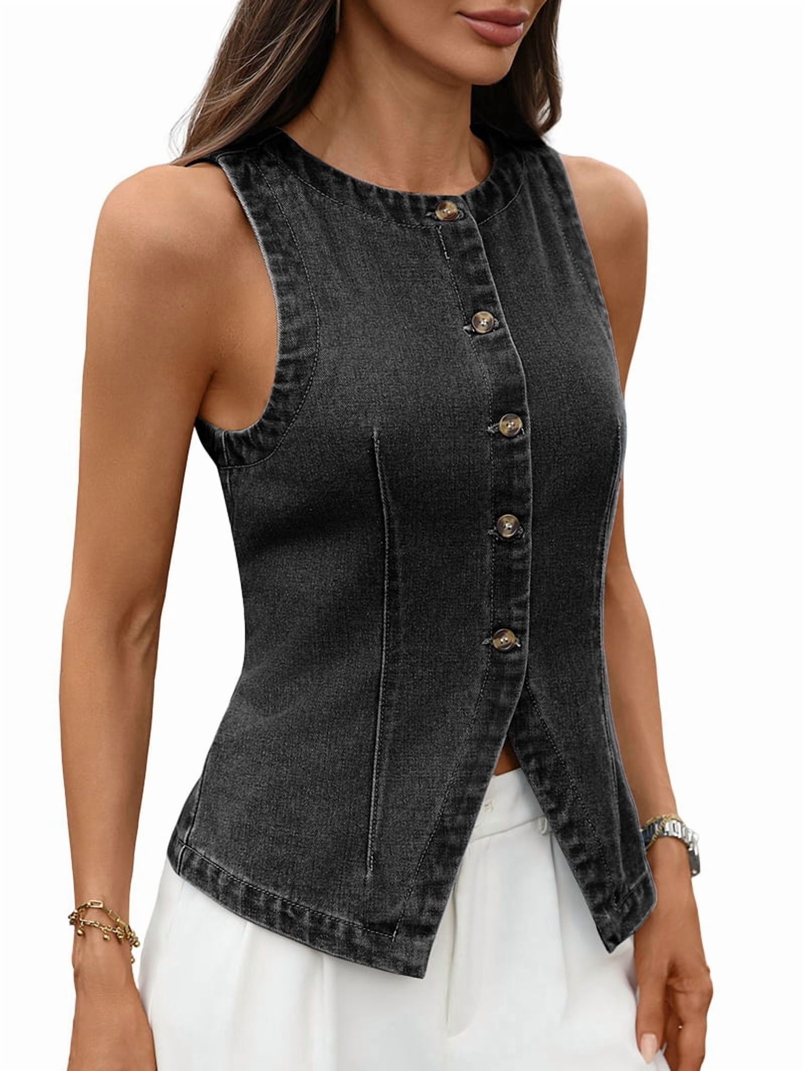 Denim Vest for Women Sleeveless Strechy Jean Vest Top Button Down ...