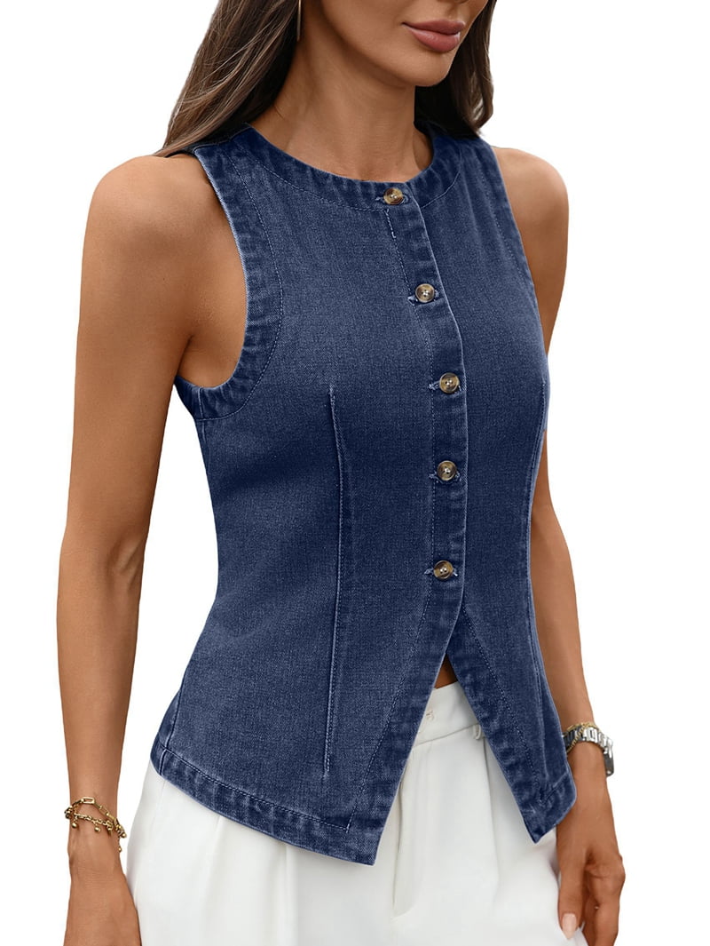 Denim Vest for Women Sleeveless Strechy Jean Vest Top Button Down ...