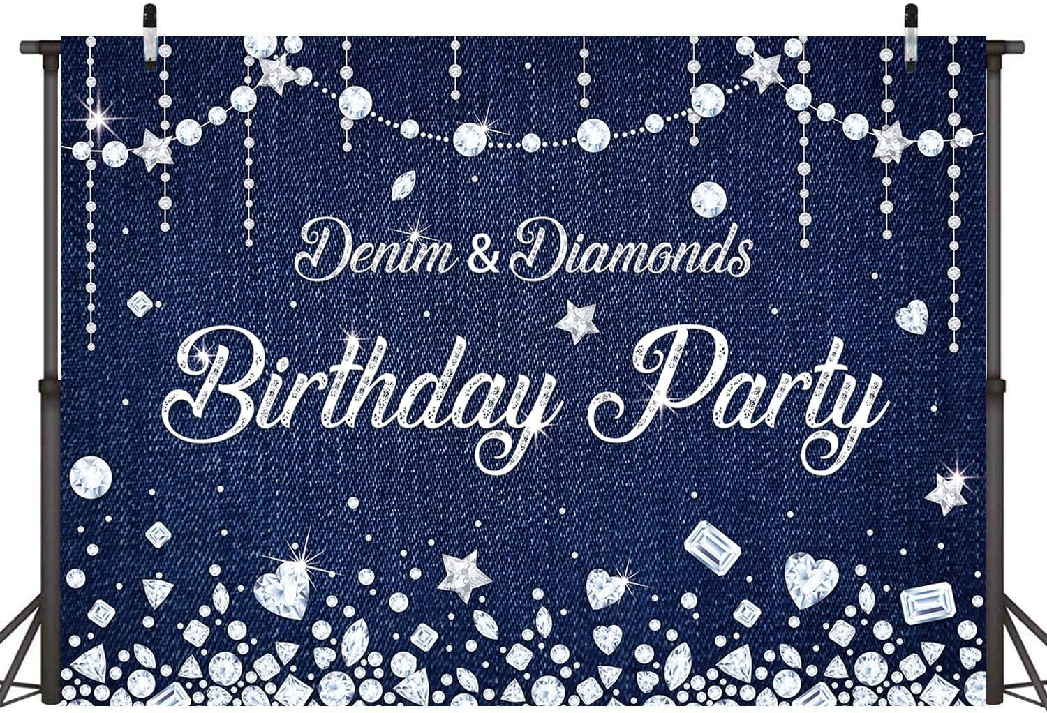 Denim and Diamonds Birthday Party Backdrop Navy Blue Diamonds Happy ...