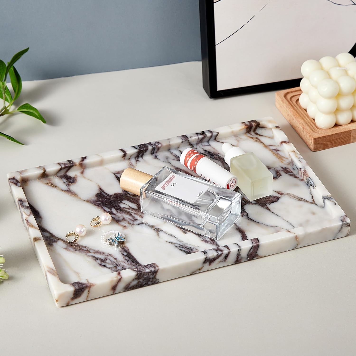 Denique Natural Marble Tray for Bathroom Countertop, Vanity Tray Stone Storage Tray for Home ...