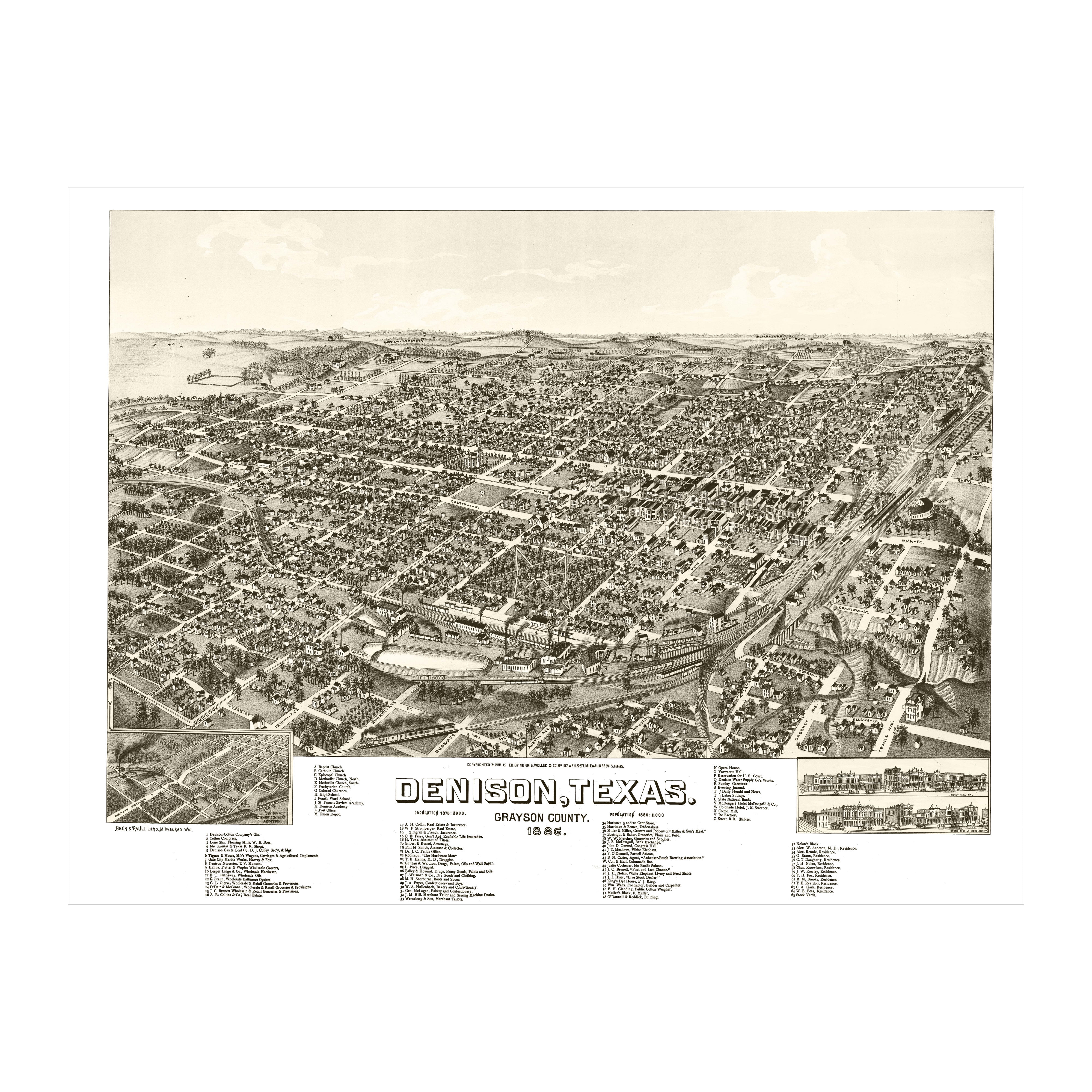 Denison Art, 1886 Vintage Map of Denison Texas, TX History Wall Decor ...