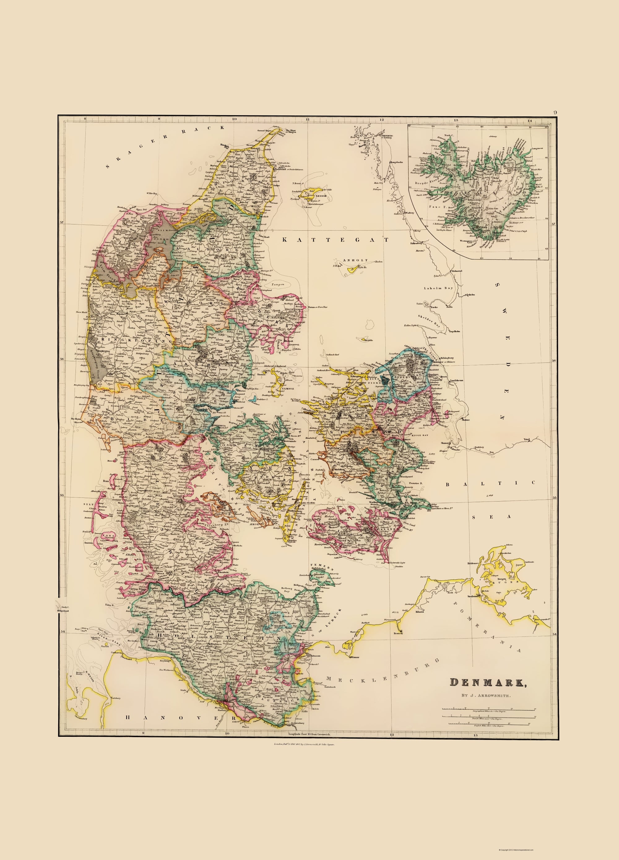 Historic Map - Denmark - Arrowsmith 1844 - 23 x 31.95 - Vintage Wall ...