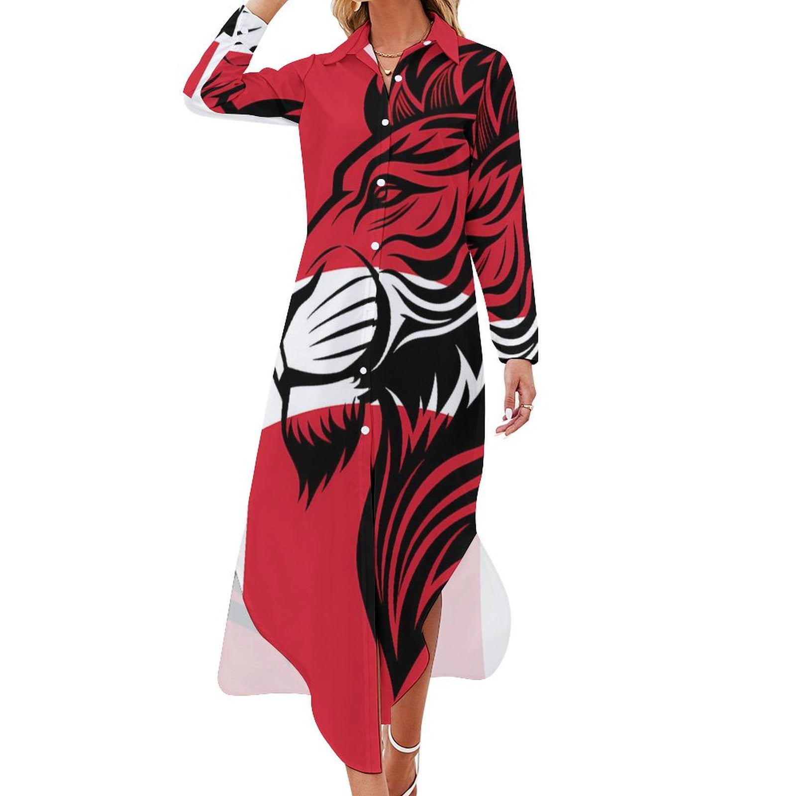 Denmark Danish Flag Lion Women's Maxi T Shirt Dress Long Sleeve Lapel ...