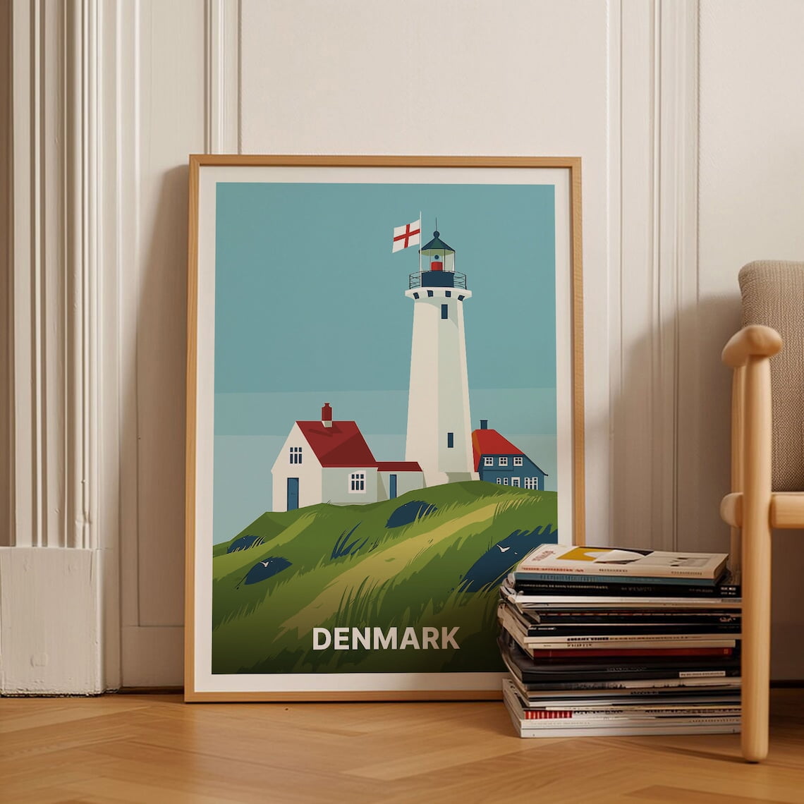 Denmark Lighthouse Travel Poster, Scandinavian Wall Art, Coastal Home ...