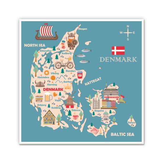Denmark Map Illustration - 12" Vinyl Sticker Waterproof Decal - Walmart.com