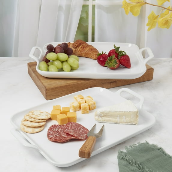 Denmark Tools for Cooks 2 Piece Stoneware Rectangular Serving Trays Platters Set with Handles ...