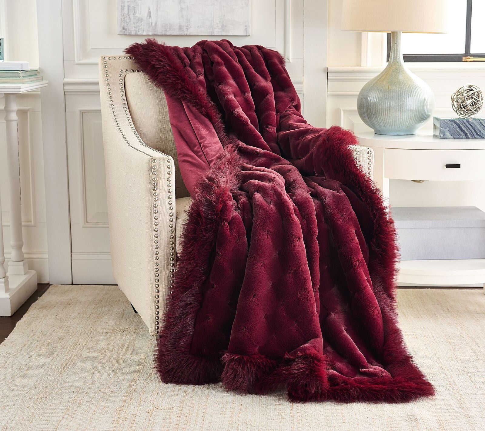 Dennis Basso Sculpted Quilt Faux Fur Throw w/ Fox Border in Burgundy ...