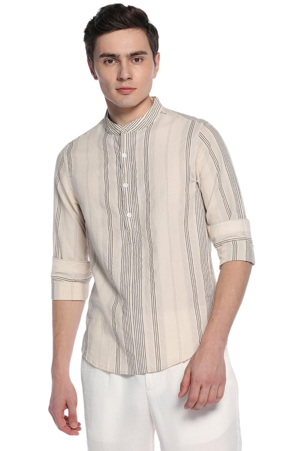 Dennis Lingo Men Khaki Slim Fit Mandarin Collar Casual Shirt ...