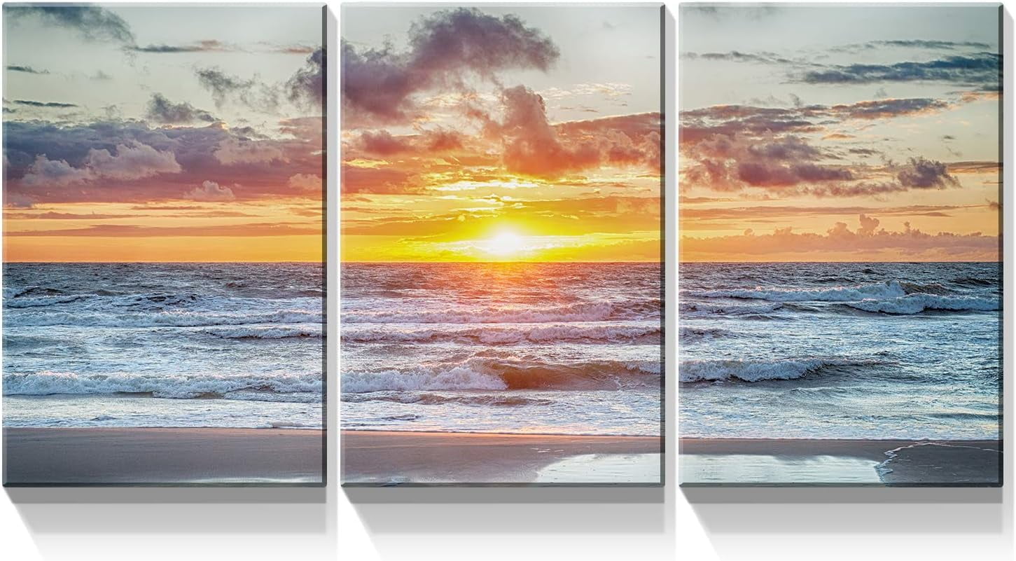 Denozer - 3 Panel Ocean Canvas Wall Art for Home Decor Blue Sea Sunset White Beach Painting The ...